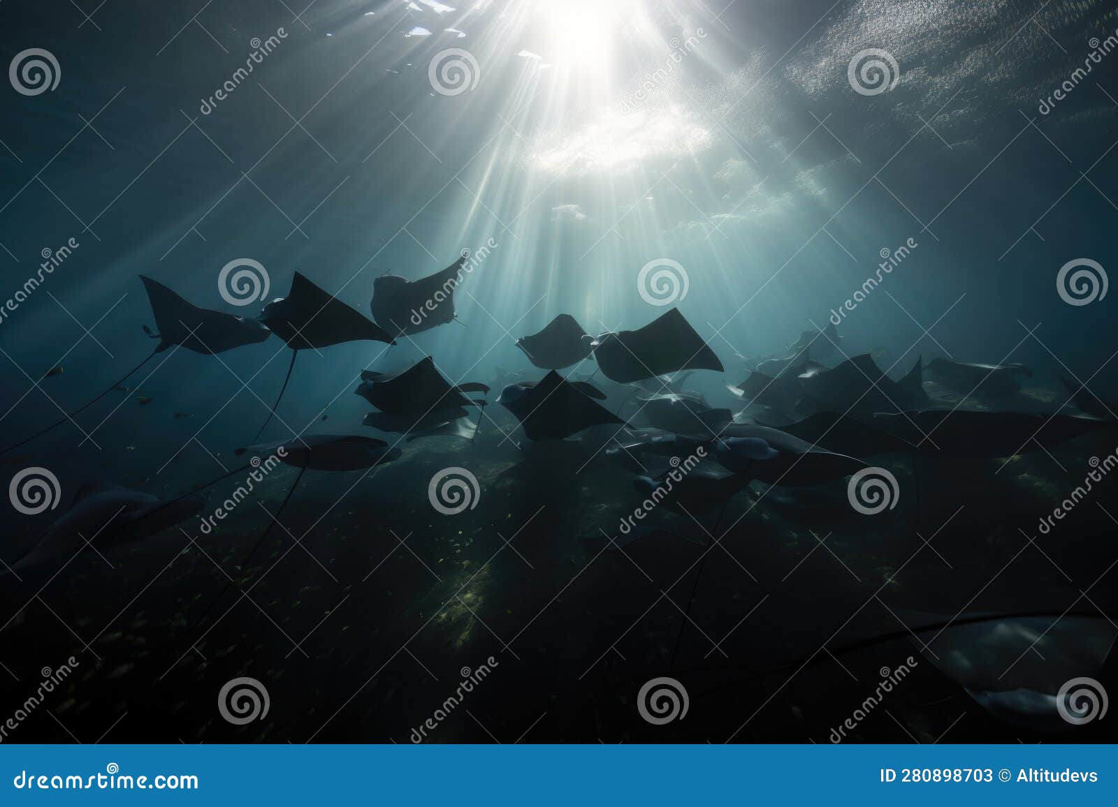 School of Rays Swimming in Formation with Their Fins Flapping Stock ...
