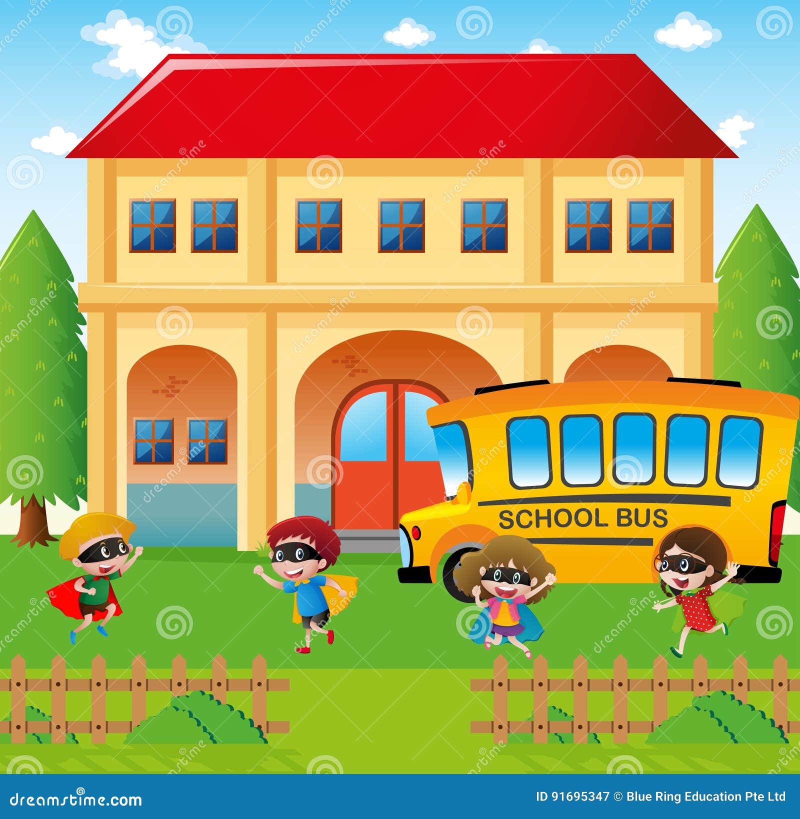 School Scene with Students and Bus Stock Vector - Illustration of ...