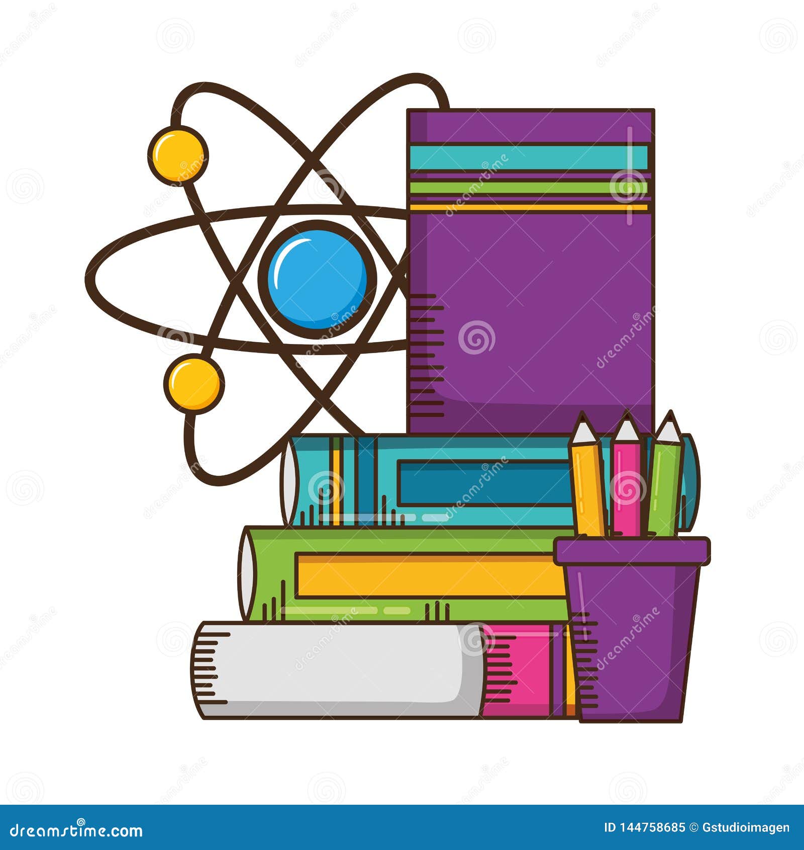 Science. Books On Shelf With Open Book, Glasses And Lettering Cartoon ...
