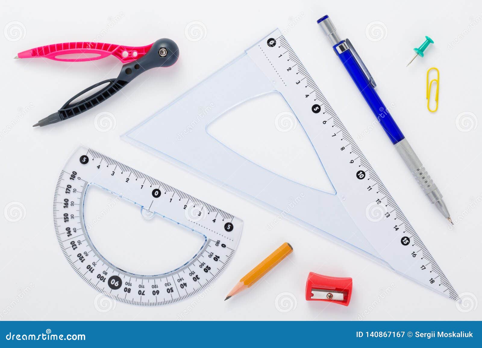 School Set and Ruler at White Background Stock Image - Image of blue ...