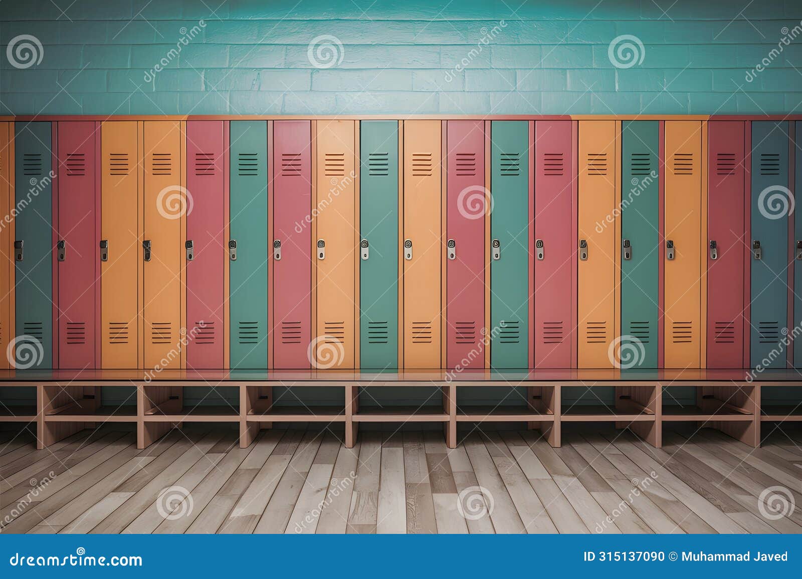 School Setting Empty Locker Room with Row of Colorful Lockers Stock ...