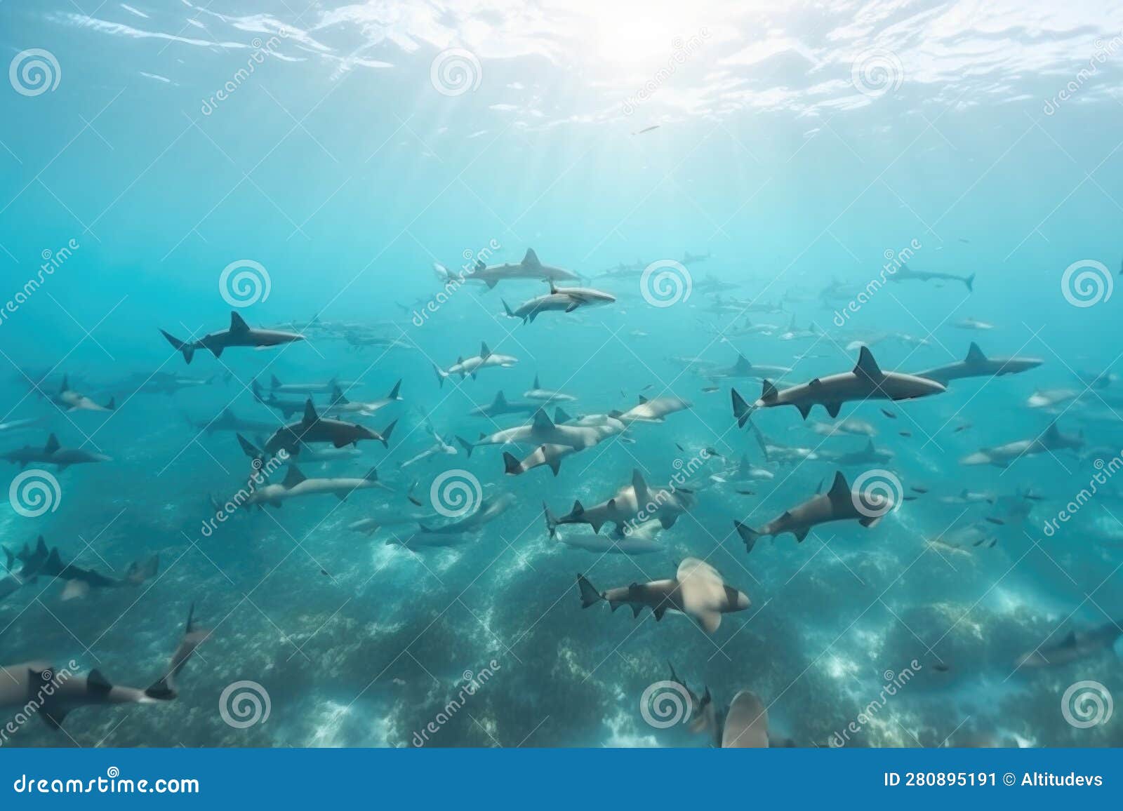 School of Sharks and Rays Swimming in the Open Ocean Stock Illustration ...