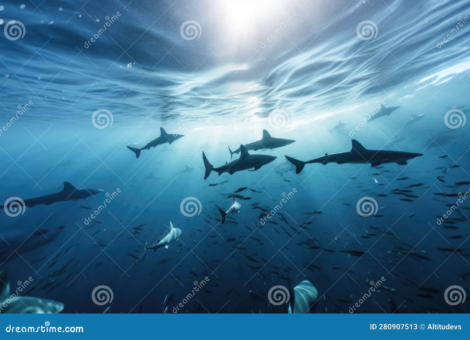 School of Sharks and Rays Swimming in the Open Ocean Stock Illustration ...