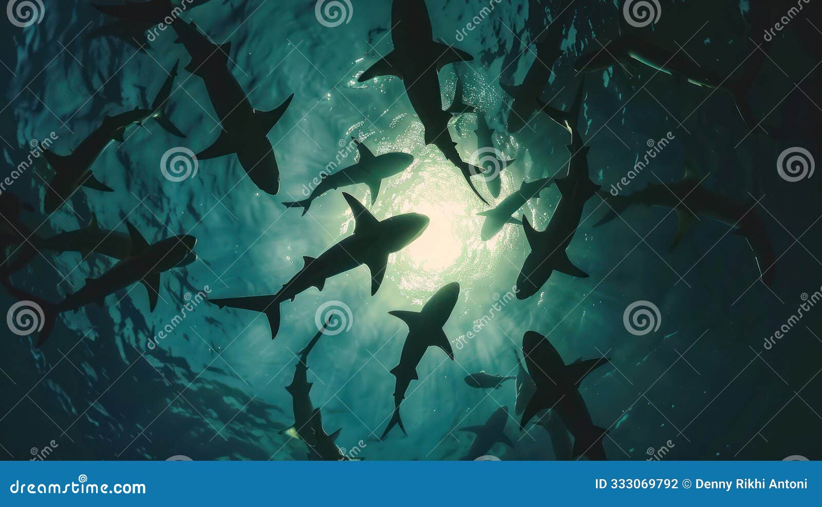 School Of Sharks Swimming In Blue Water.Side View . Medium Population ...
