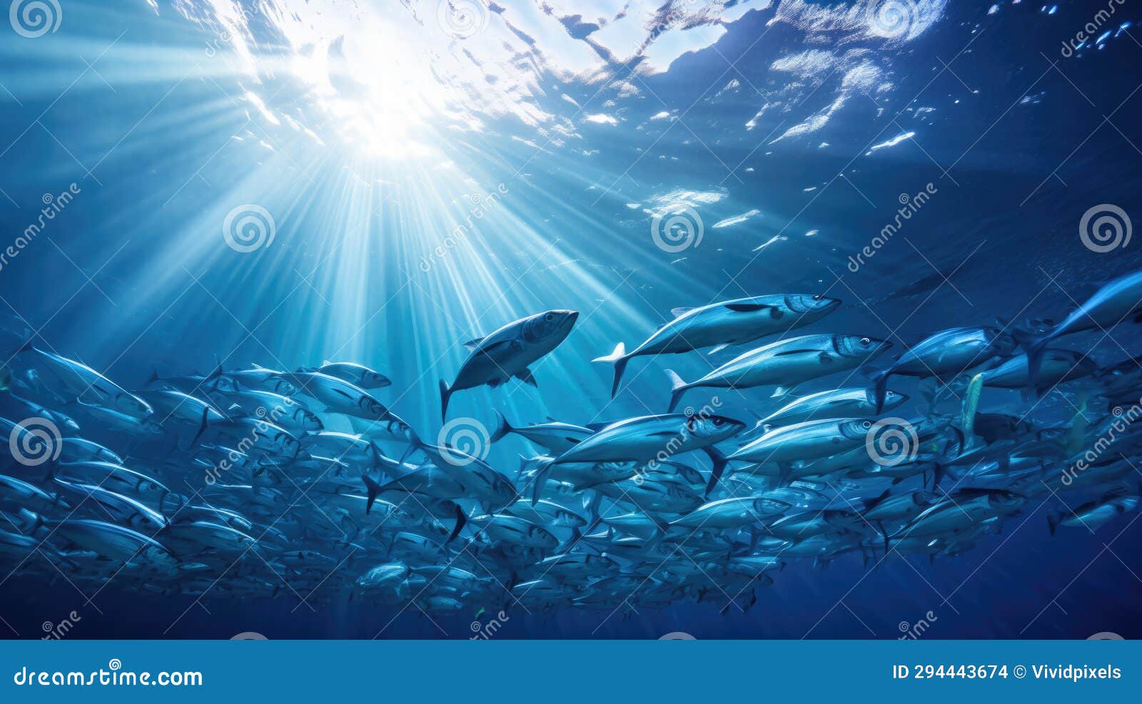 School of Silvery Fish Swimming in the Pacific Ocean with Sun Rays ...