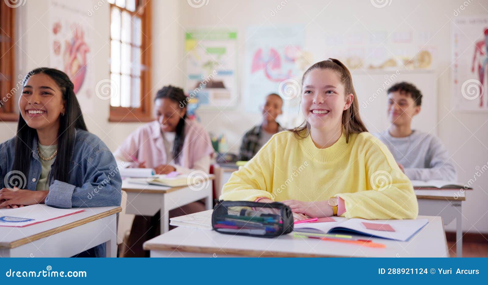 School, Smile and Student Friends Laughing in Class while Learning ...