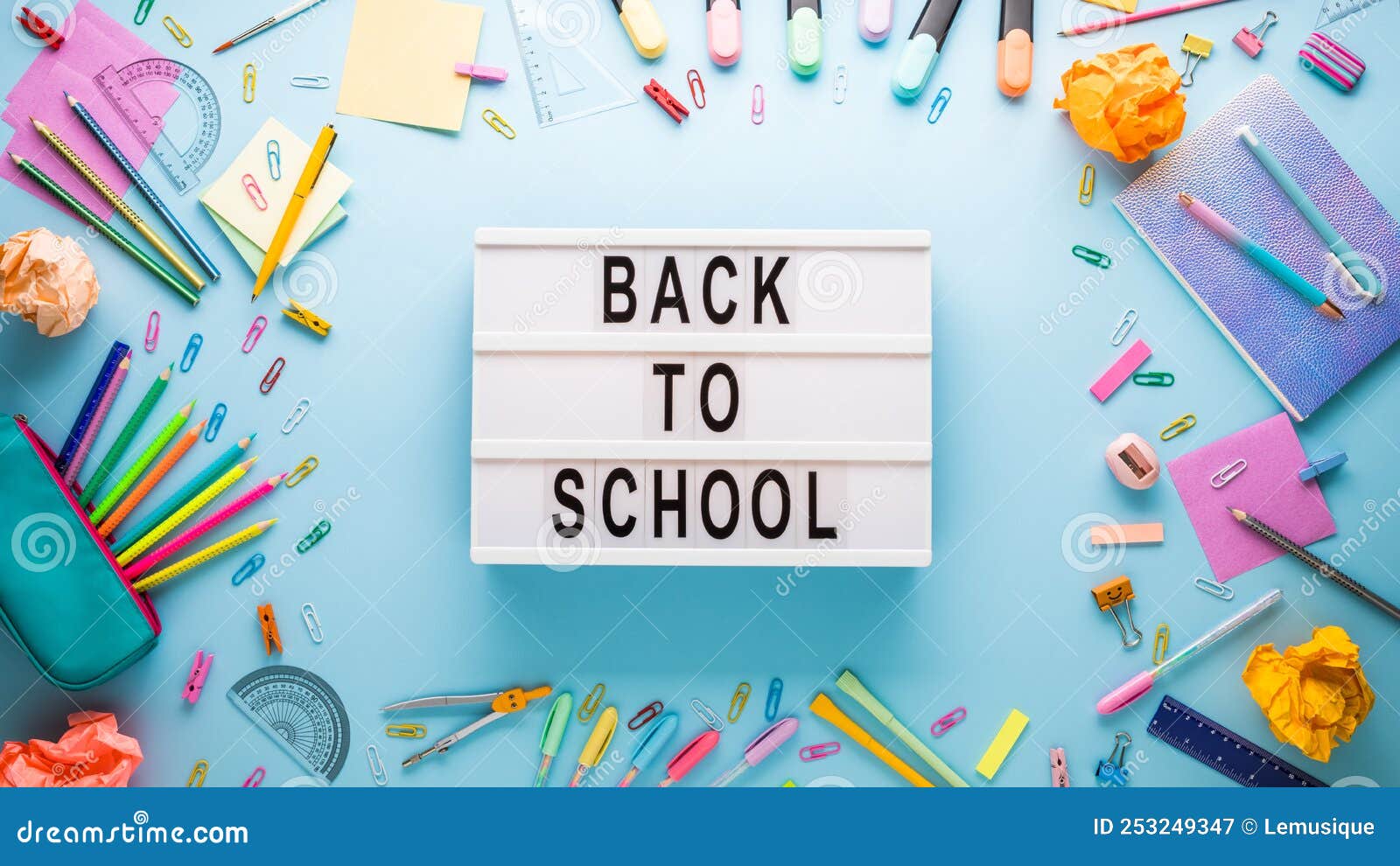 School Stationery on a Blue Background. Back To School Creative Photo ...