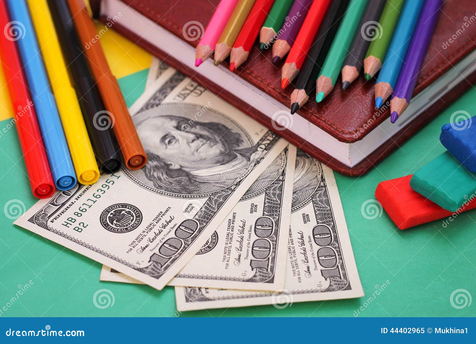 School Stationery, Hundred Dollar Bills Stock Image - Image of pencil ...