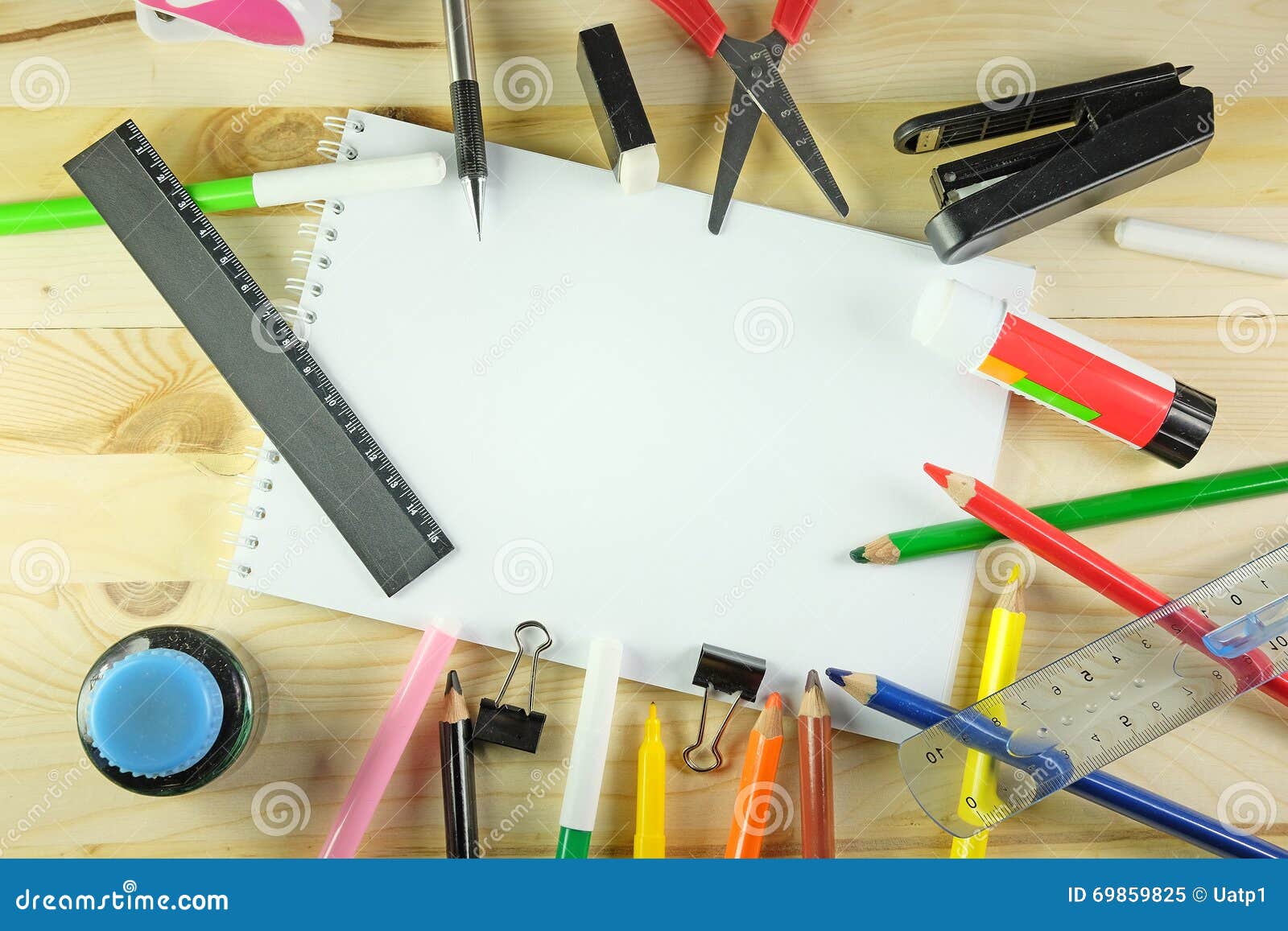 School stationery stock image. Image of pencil, stapler - 69859825