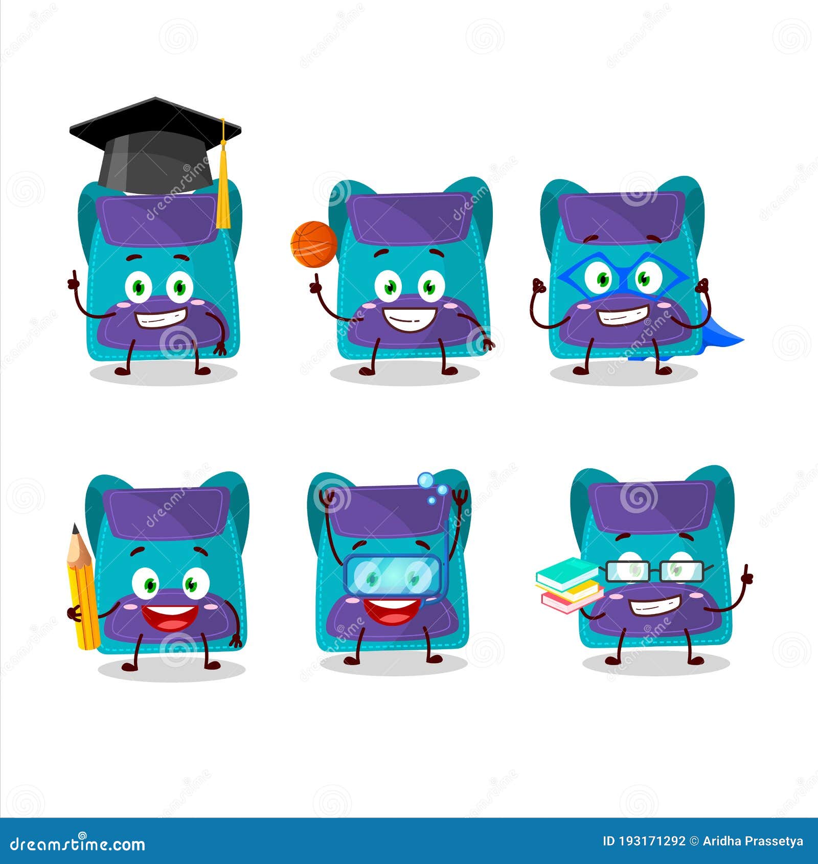 School Student of Blue Bag Cartoon Character with Various Expressions ...