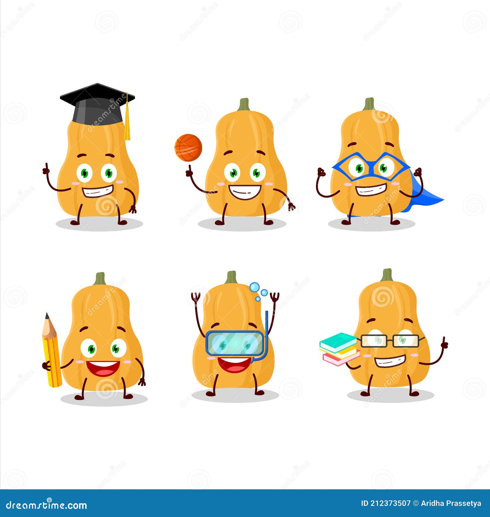 School Student of Butternut Squash Cartoon Character with Various ...