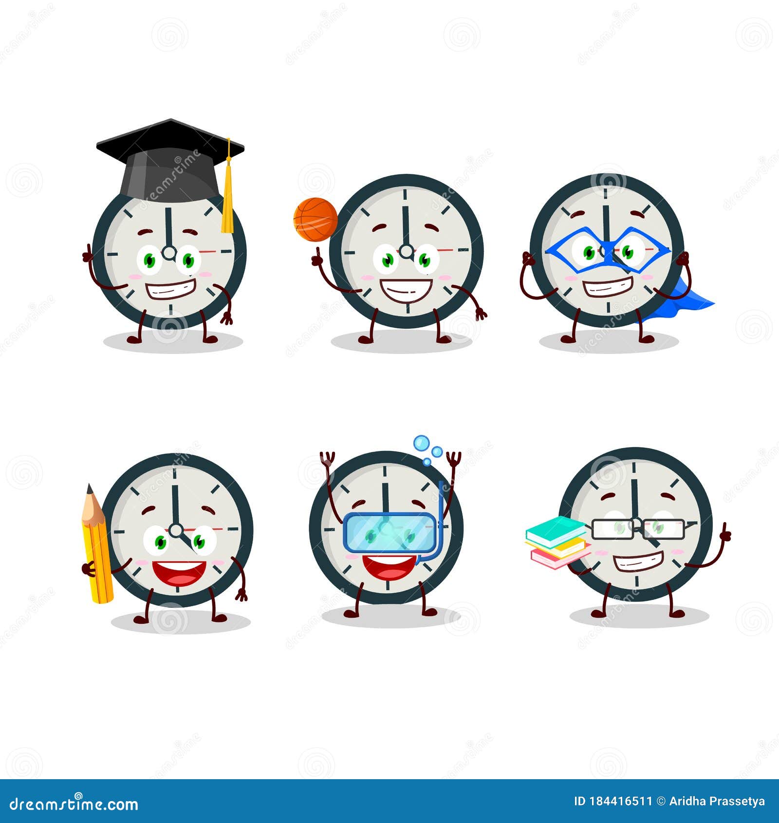 School Student of Clock Cartoon Character with Various Expressions ...