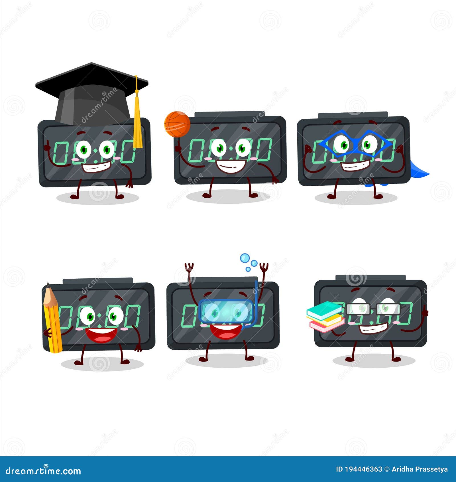 School Student of Digital Alarm Clock Cartoon Character with Various ...