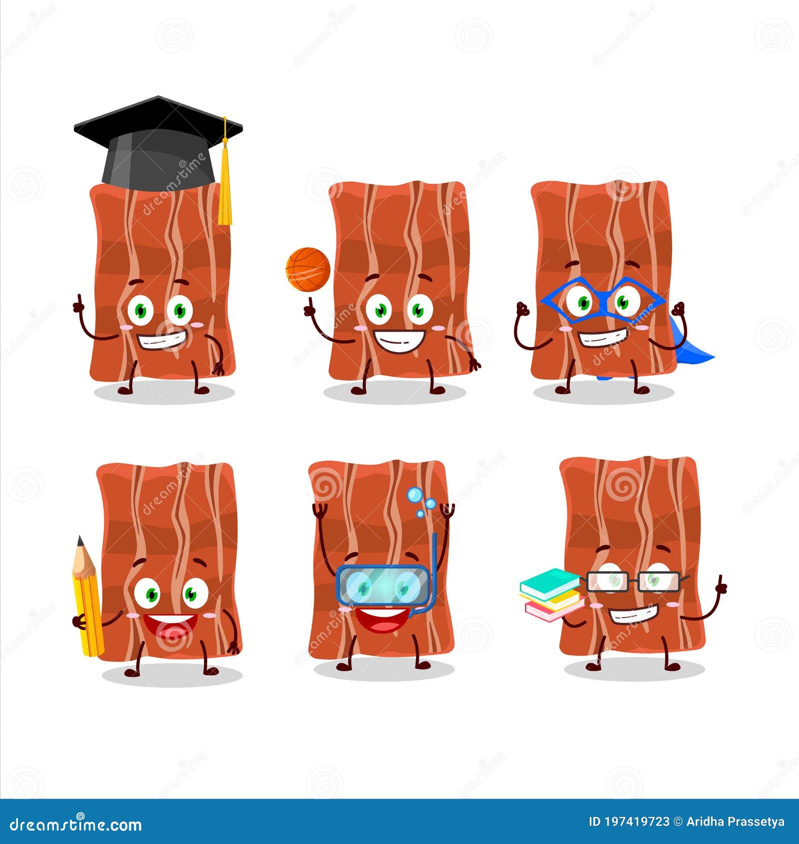 School Student of Fried Bacon Cartoon Character with Various ...