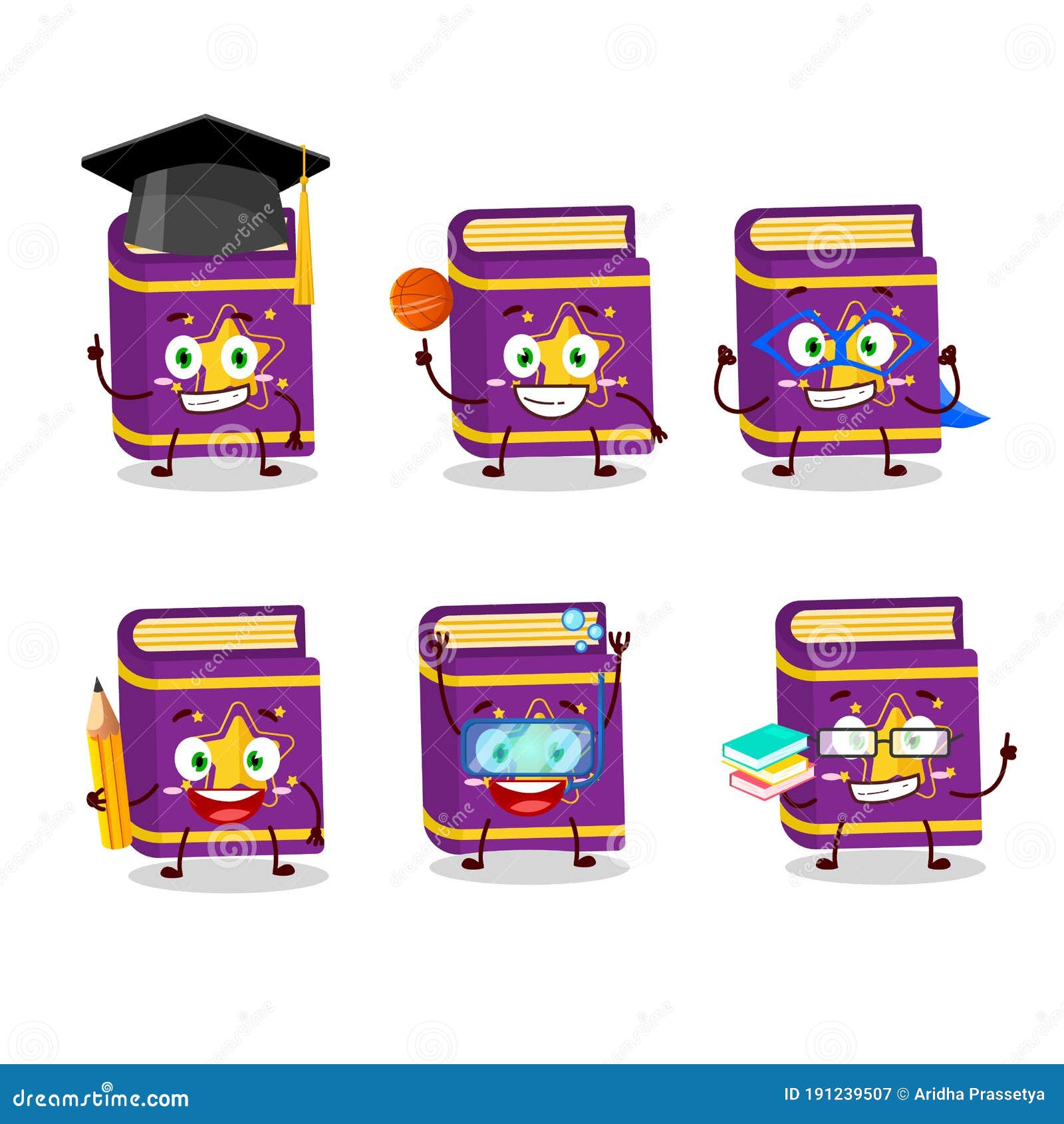 School Student of Magic Book Cartoon Character with Various Expressions ...