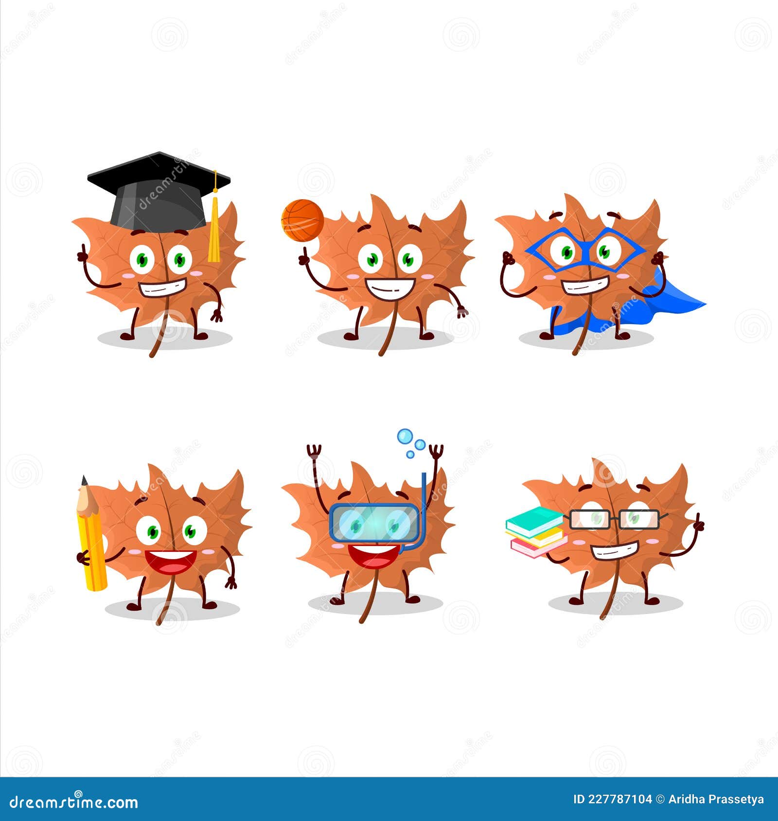 School Student of Maple Leaf Cartoon Character with Various Expressions ...