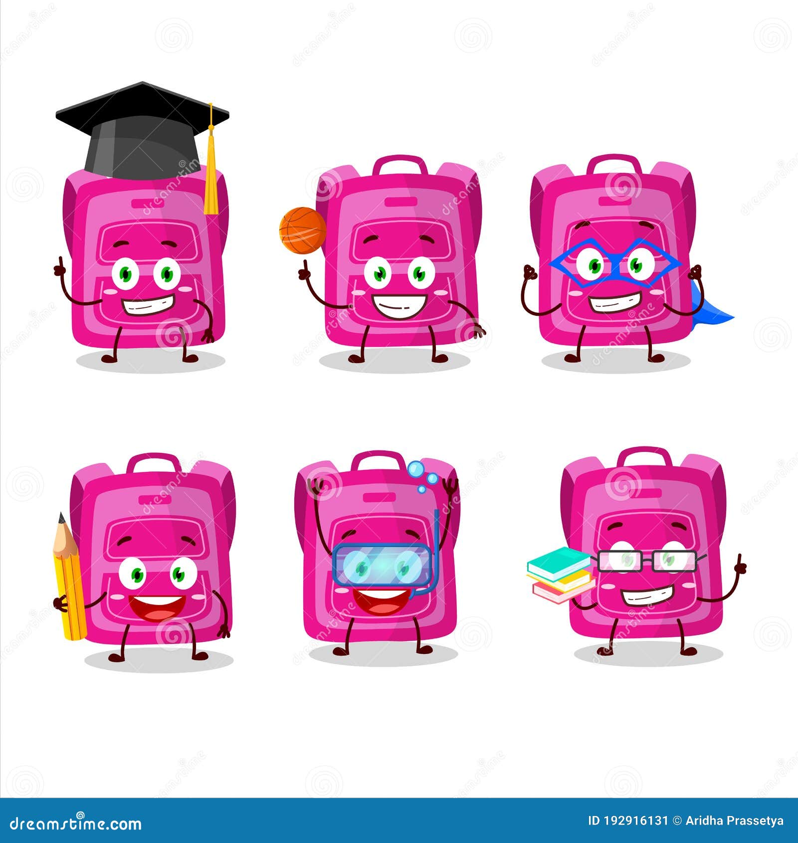 School Student of Pink School Bag Cartoon Character with Various ...