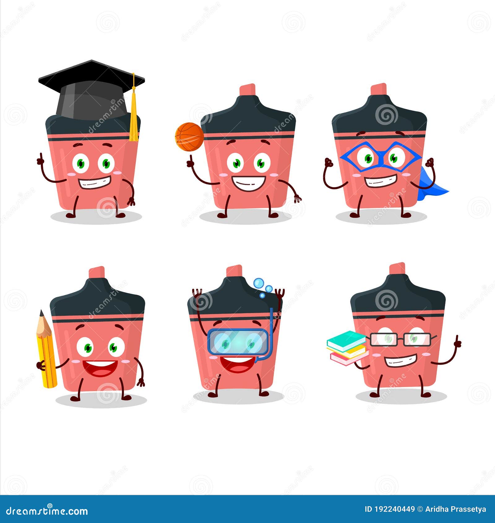 School Student of Pink Highlighter Cartoon Character with Various ...