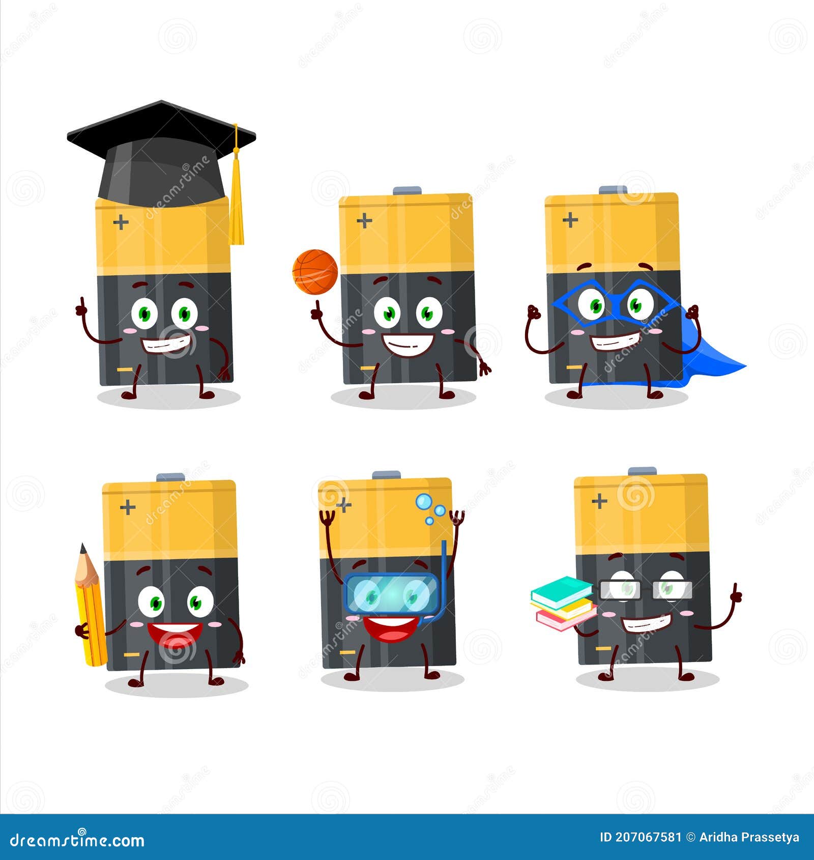 School Student of Power Battery Cartoon Character with Various ...