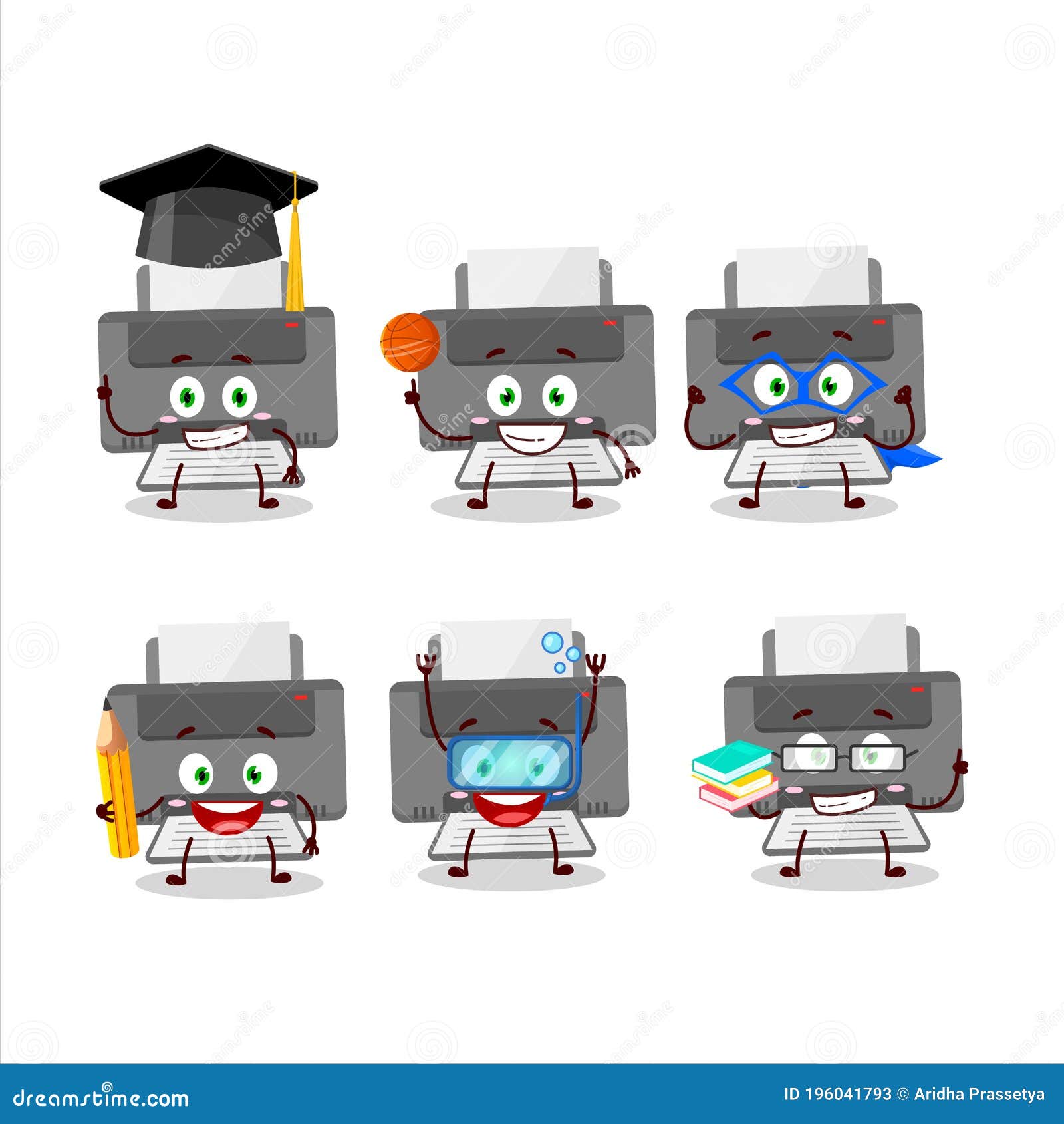 School Student of Printer Cartoon Character with Various Expressions ...