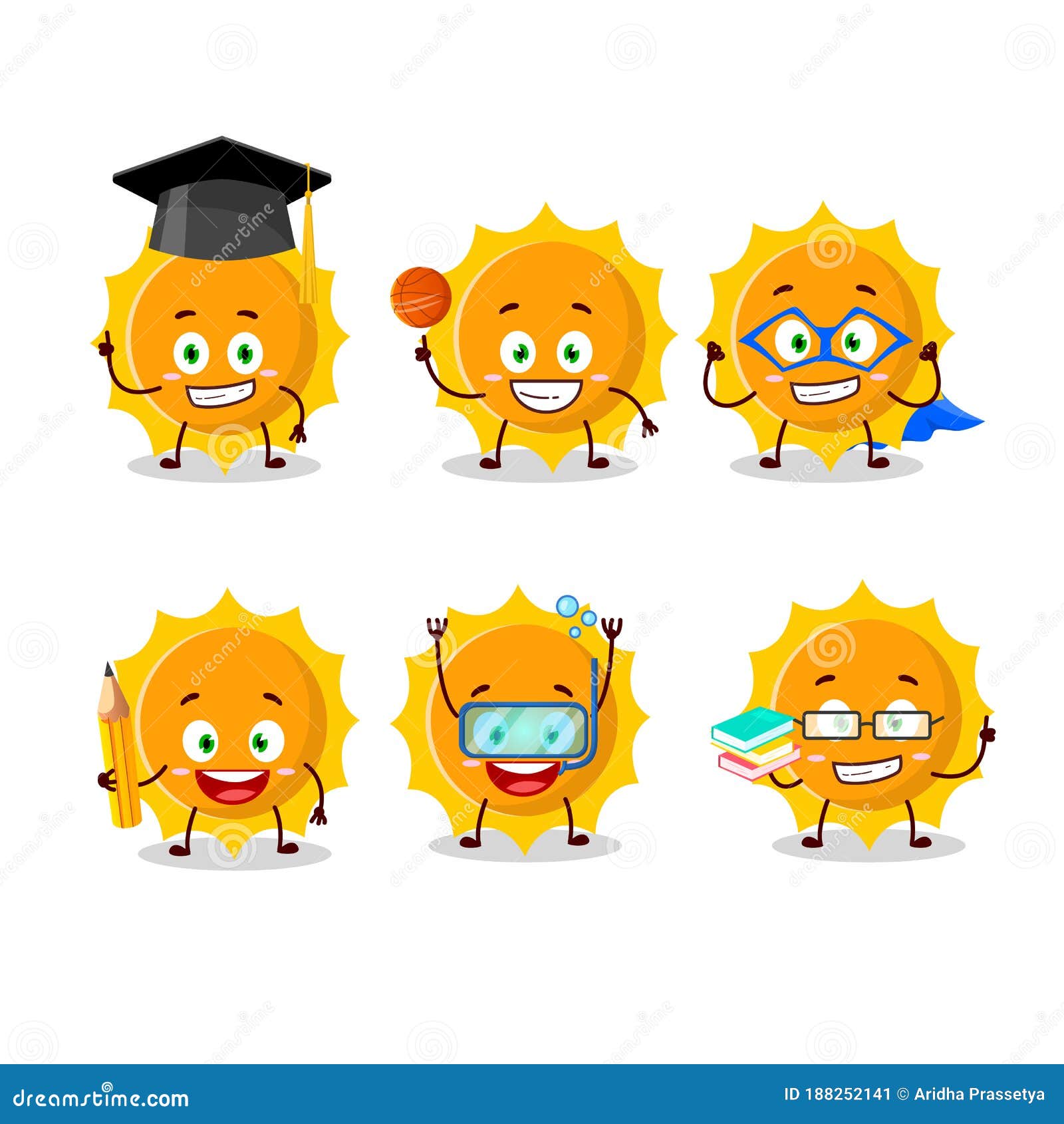 School Student of Sun Cartoon Character with Various Expressions Stock ...