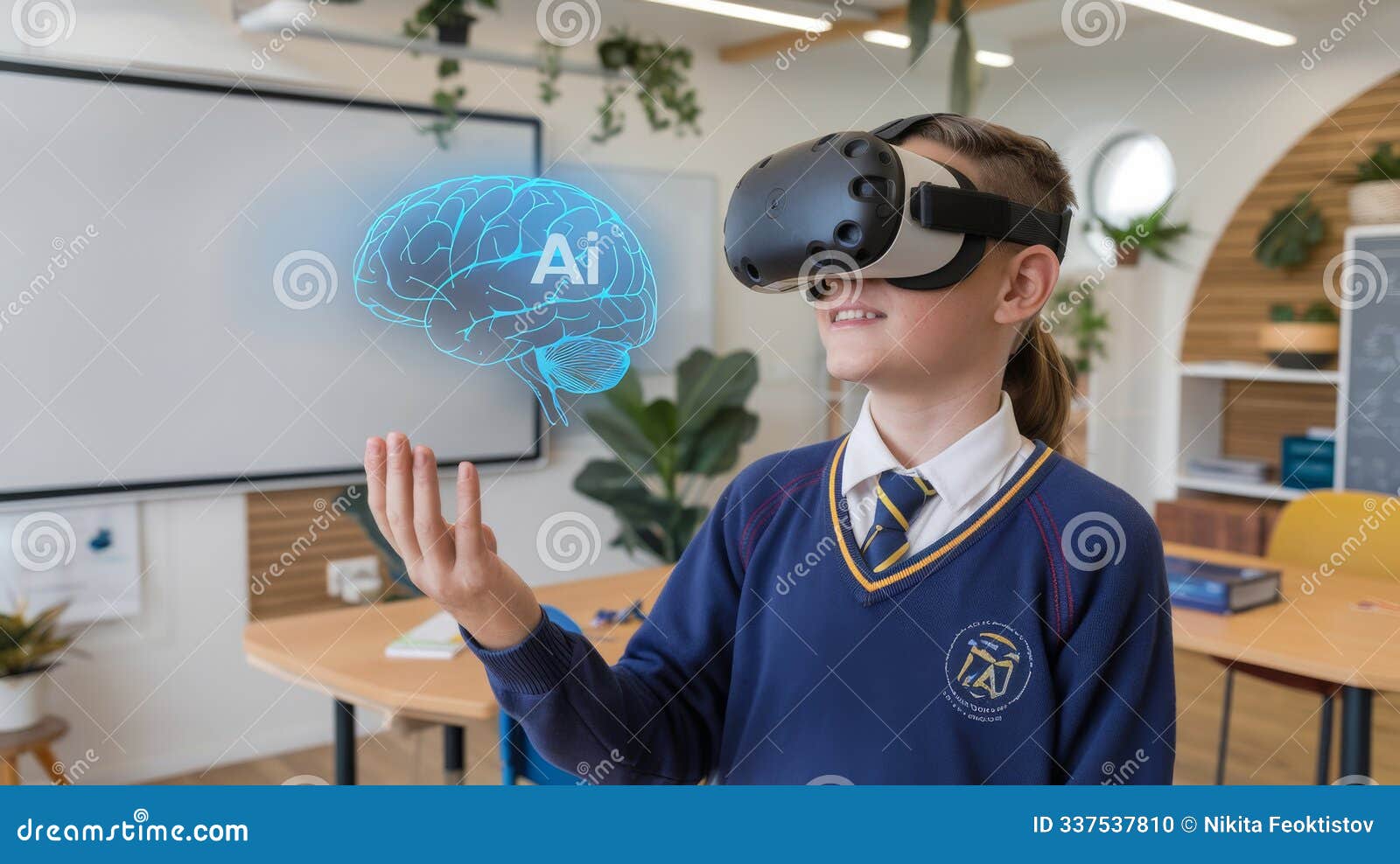 School Student with VR Headset Using AI Artificial Intelligence ...