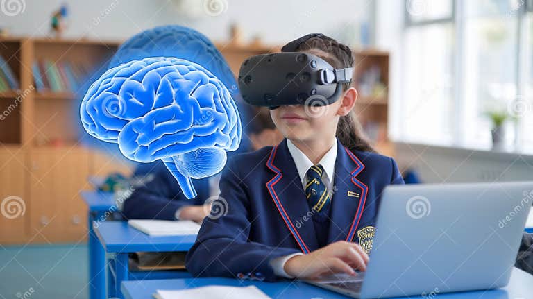 School Student with VR Headset Using AI Artificial Intelligence ...