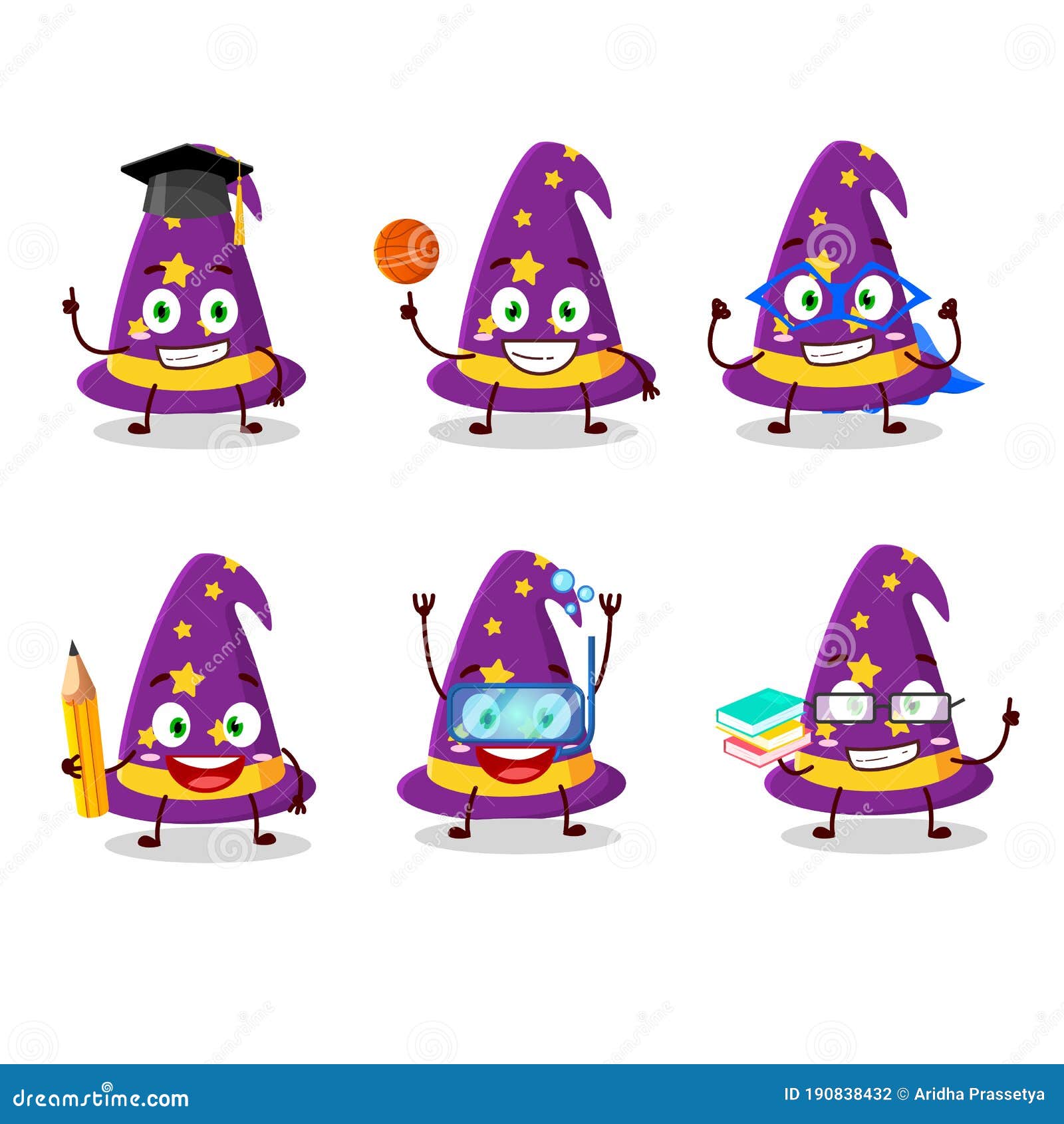 School Student of Wizard Hat Cartoon Character with Various Expressions ...