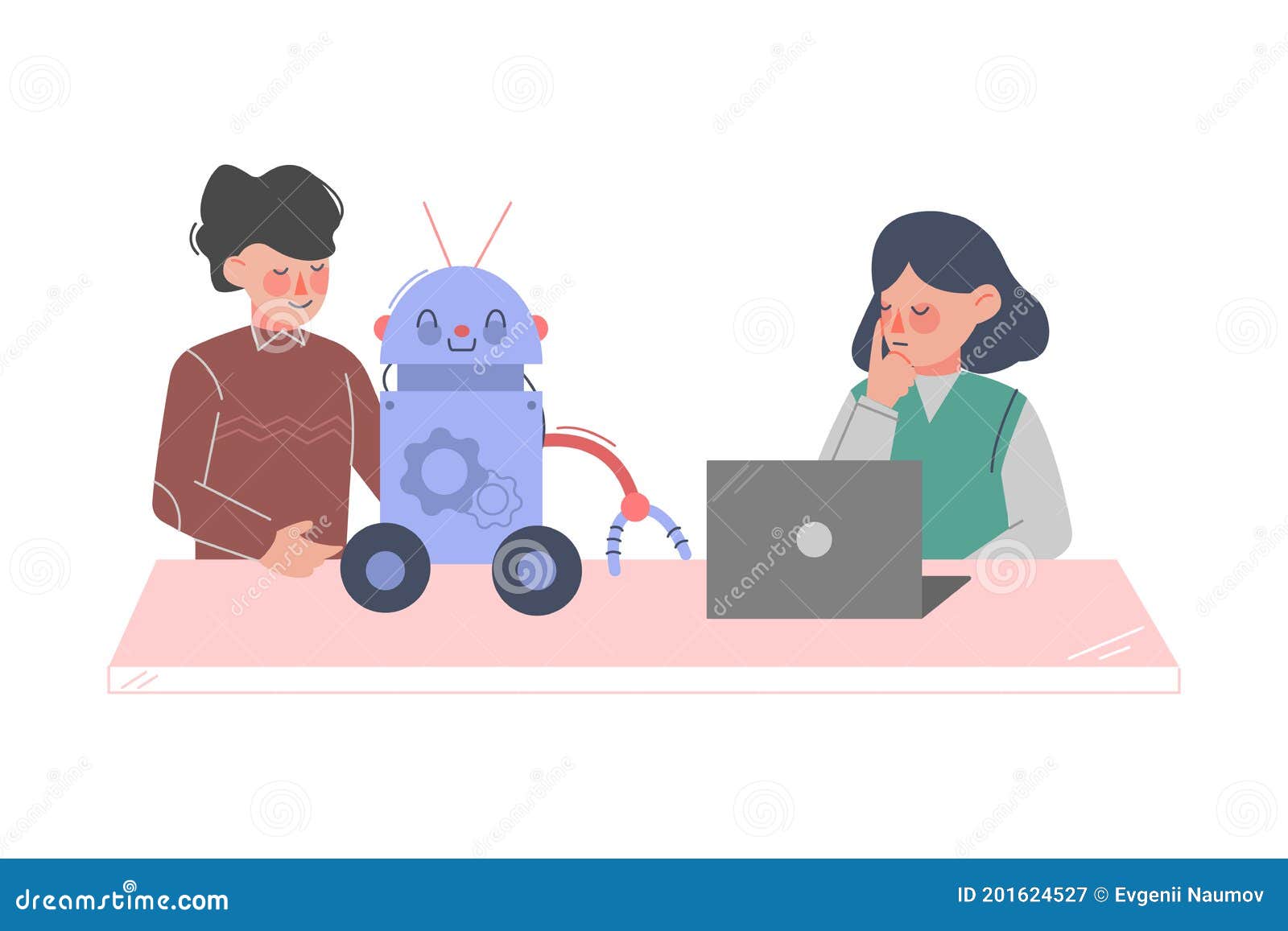 School Students Characters Programming Robot, Boy and Girl Working on ...