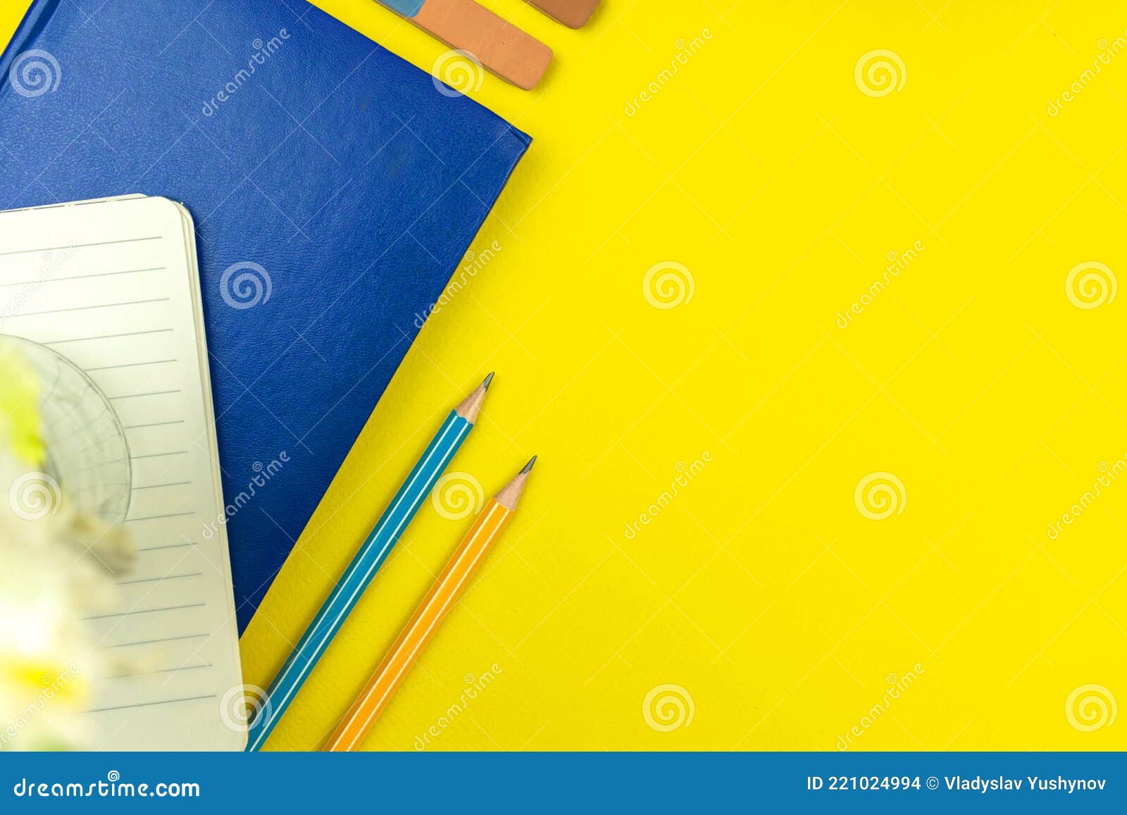 School Students Workspace Background with Yellow Desktop Top View, Copy ...