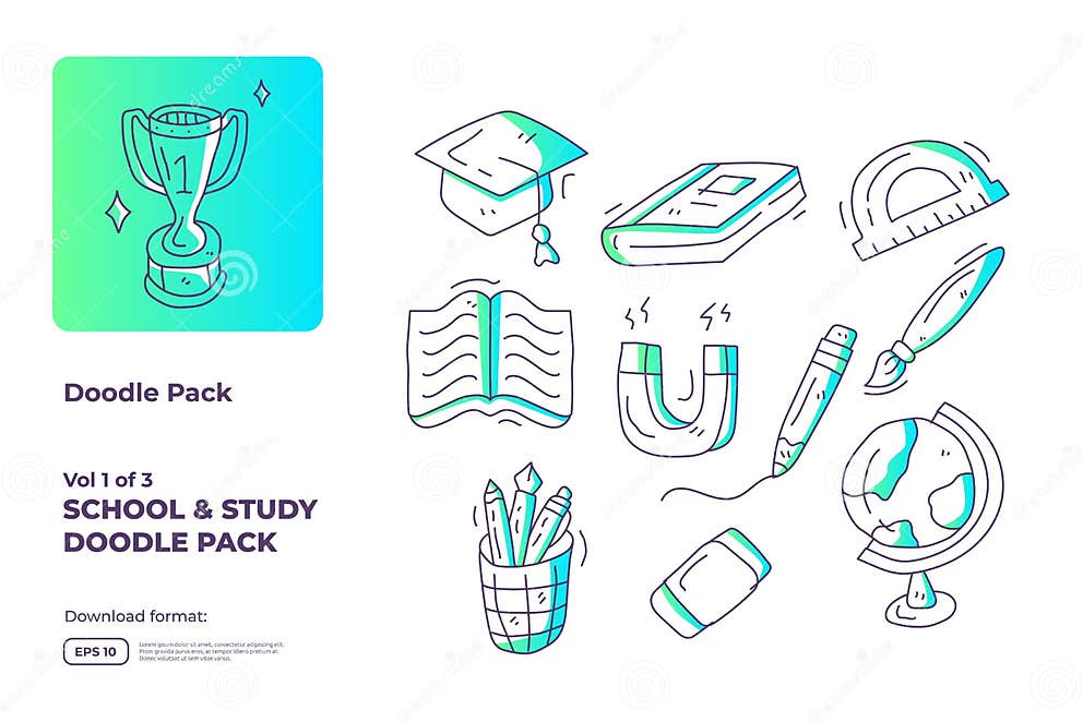 School and Study Doodle Icon Illustration Set with Gradient Color Line ...