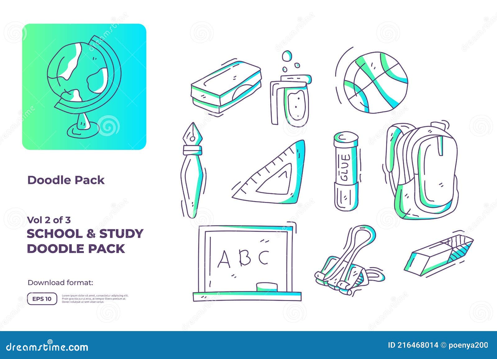 School and Study Doodle Icon Illustration Set with Gradient Color Line ...