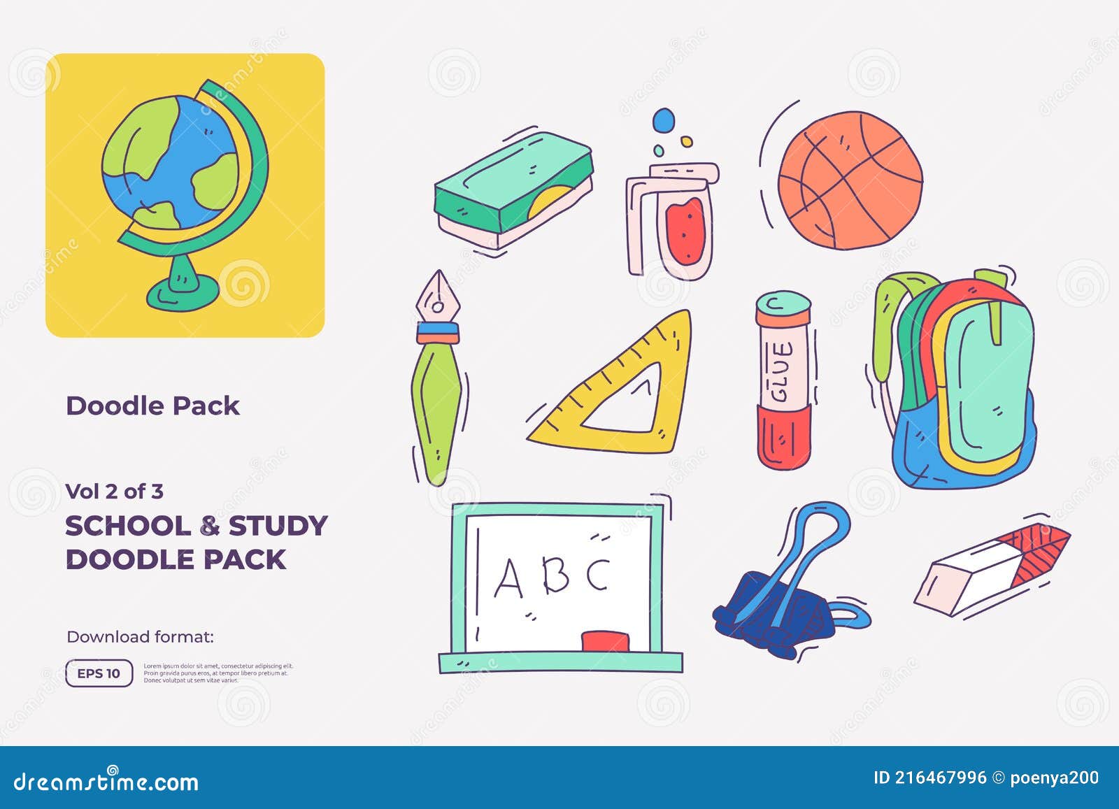 School and Study Doodle Icon Set with Fill Color Style. Hand Drawn ...