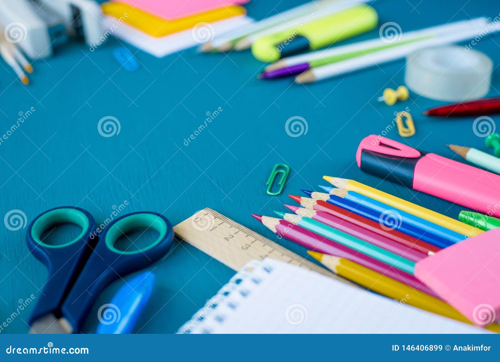 School Supplies on Blue Background Stock Image - Image of objects ...