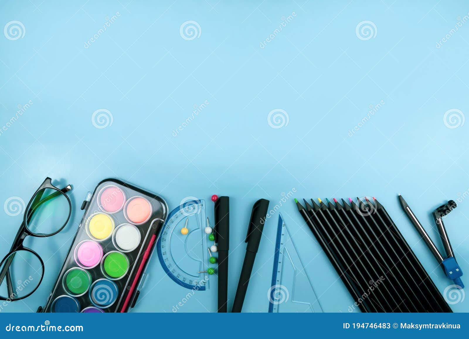 School Supplies on Blue Background Stock Image - Image of blue ...