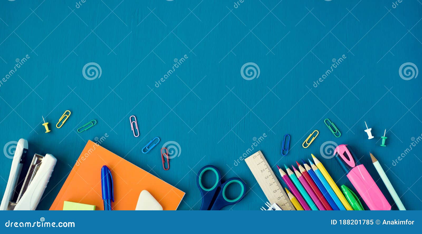 School Supplies on Blue Background Stock Image - Image of equipment ...