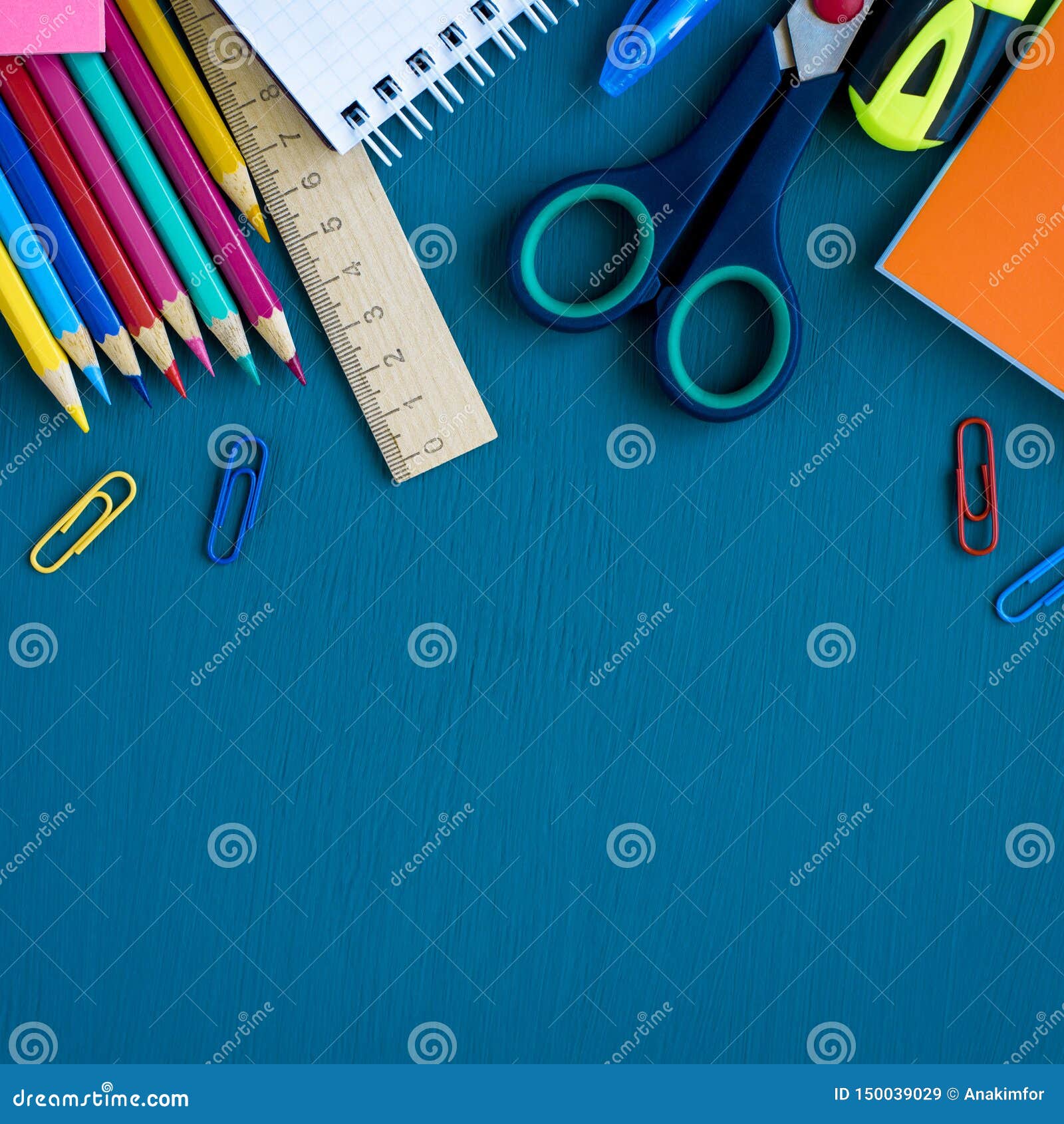 School Supplies on Blue Background Stock Image - Image of flat, ruler ...