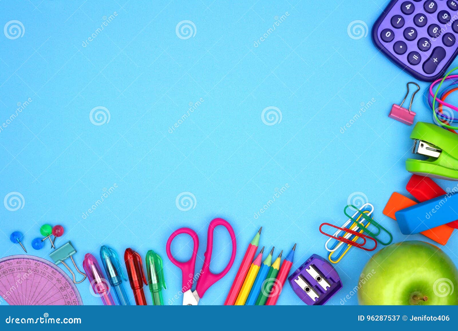 School Supplies Bottom Corner Border Against Blue Stock Image - Image ...