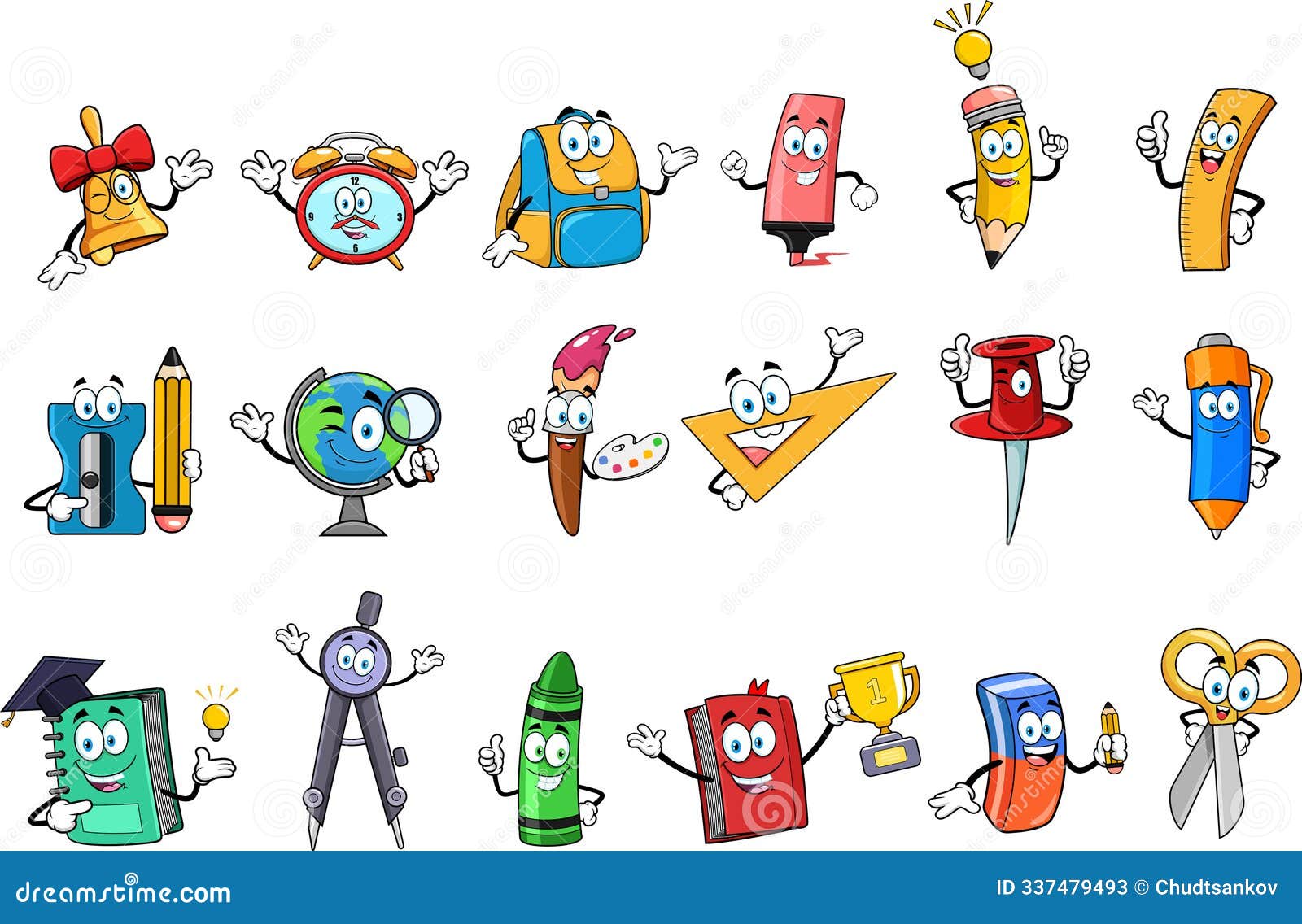 School Supplies Cartoon Characters. Vector Hand Drawn Collection Set ...