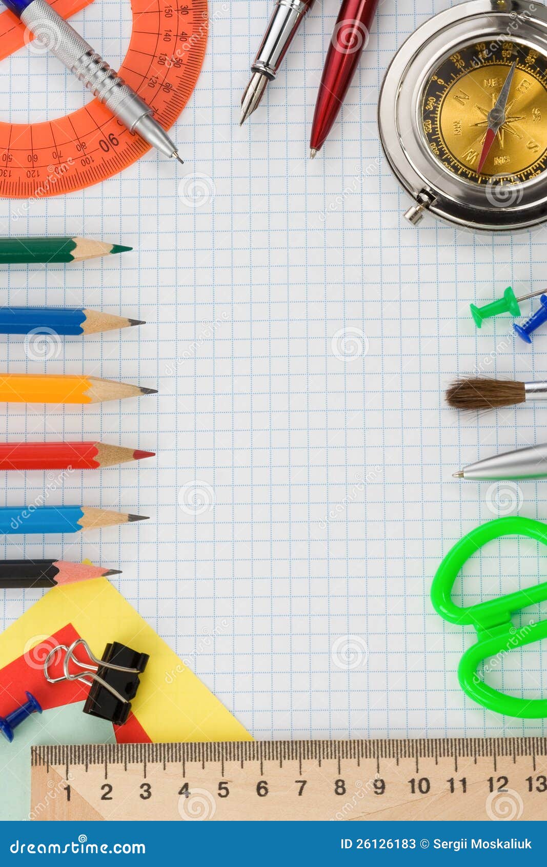 School Supplies on Checked Paper Stock Image - Image of page, school ...