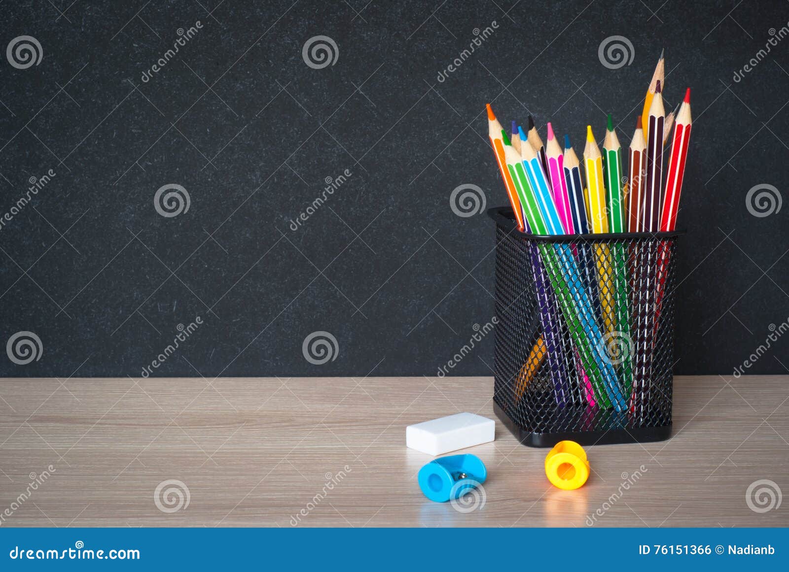 School Supplies on Classroom Table Stock Photo - Image of chalkboard ...