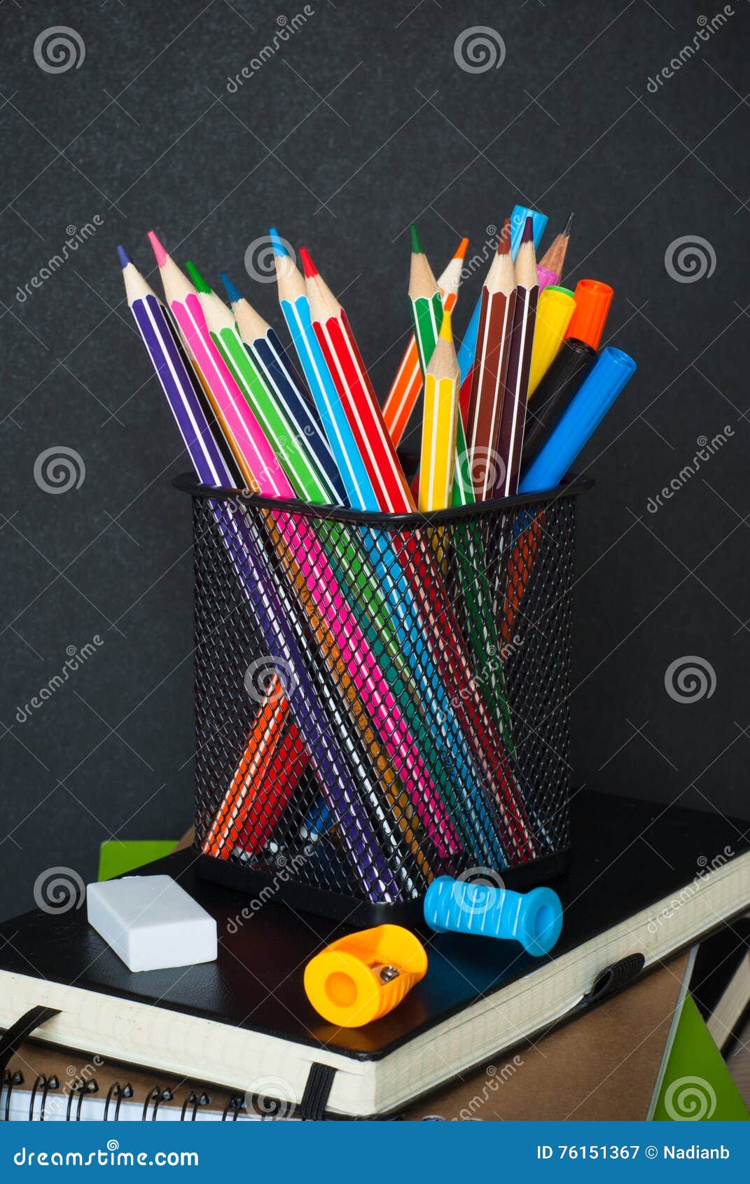 School Supplies on Classroom Table Stock Image - Image of blackboard ...