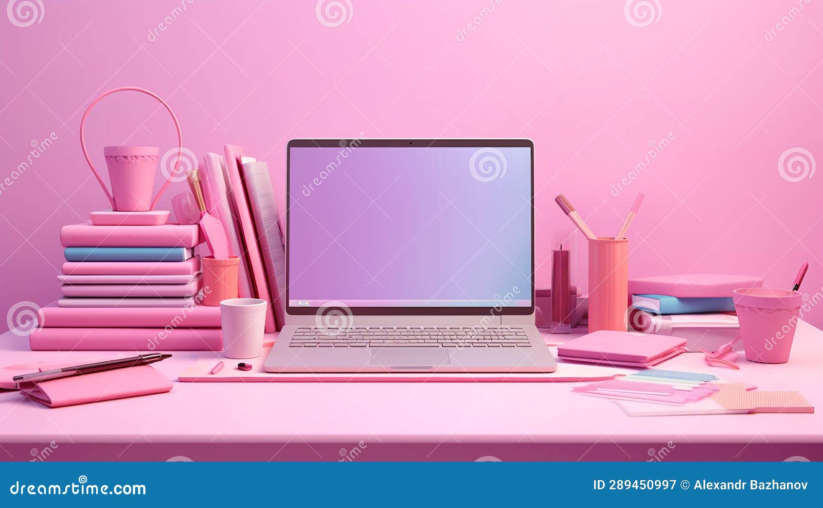 School Supplies and Computer on Desk in Pink Stock Illustration ...