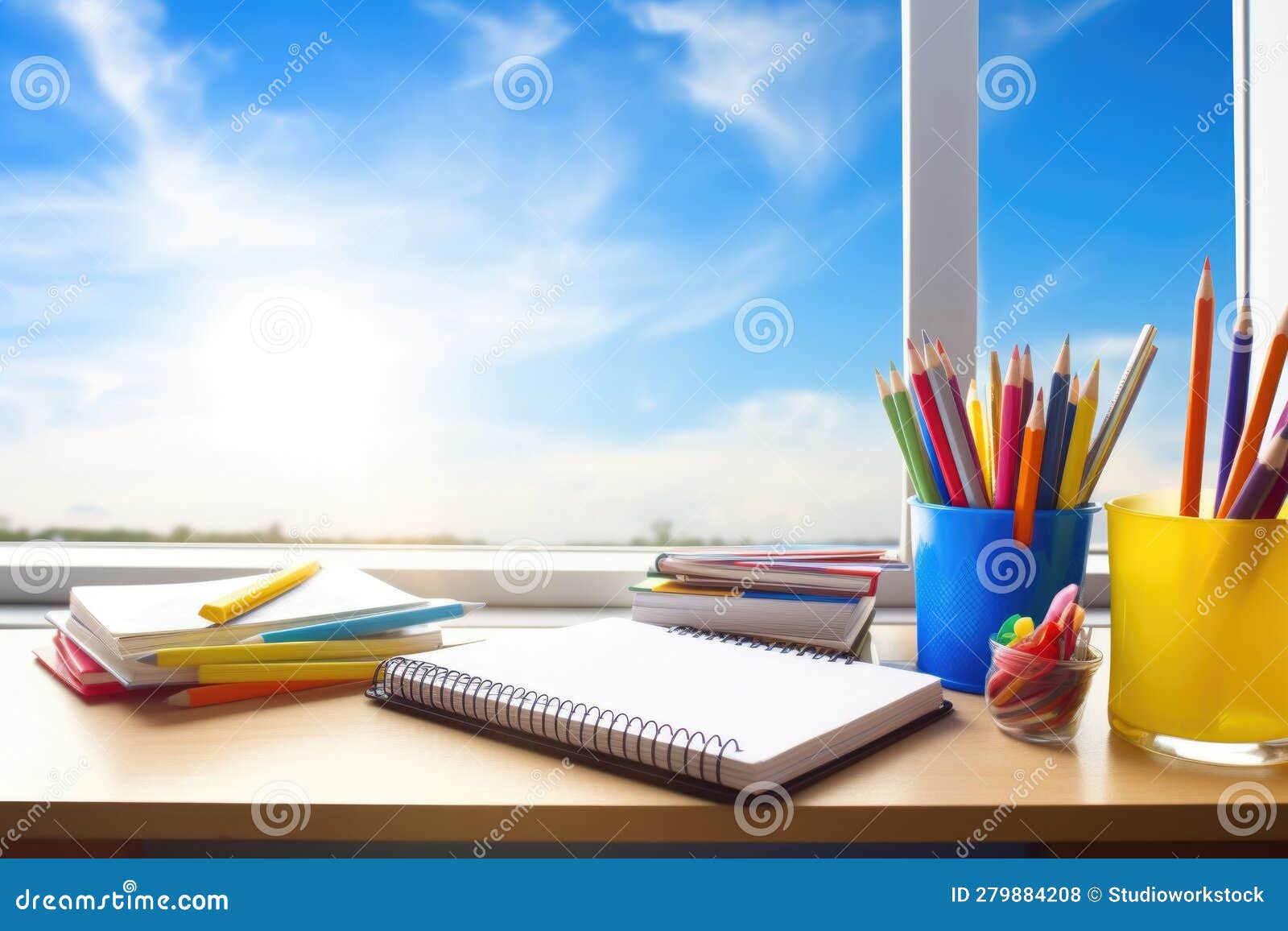 School Supplies on the Desk, with View of the Window and Blue Sky Stock ...
