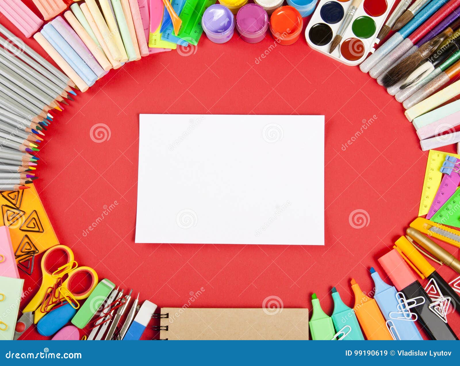 School Supplies Frame on a Red Background. Stock Image - Image of note ...