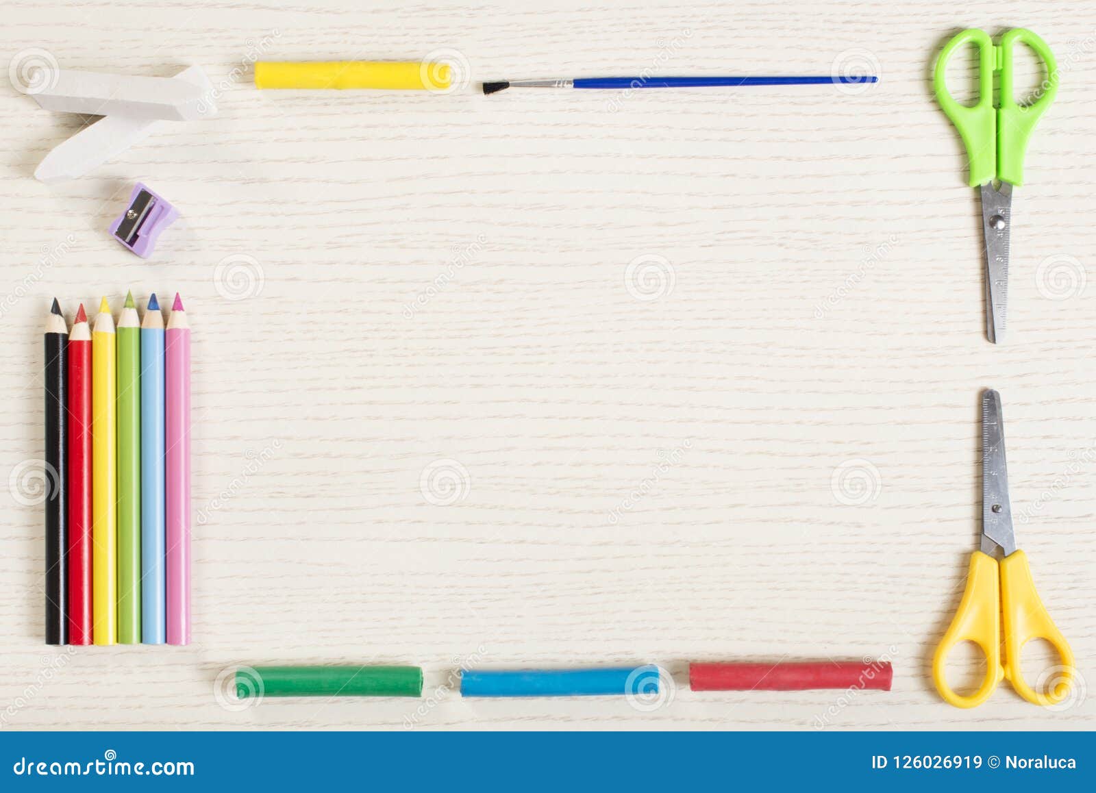 School Supplies Frame on White Plank Stock Image - Image of crayons ...