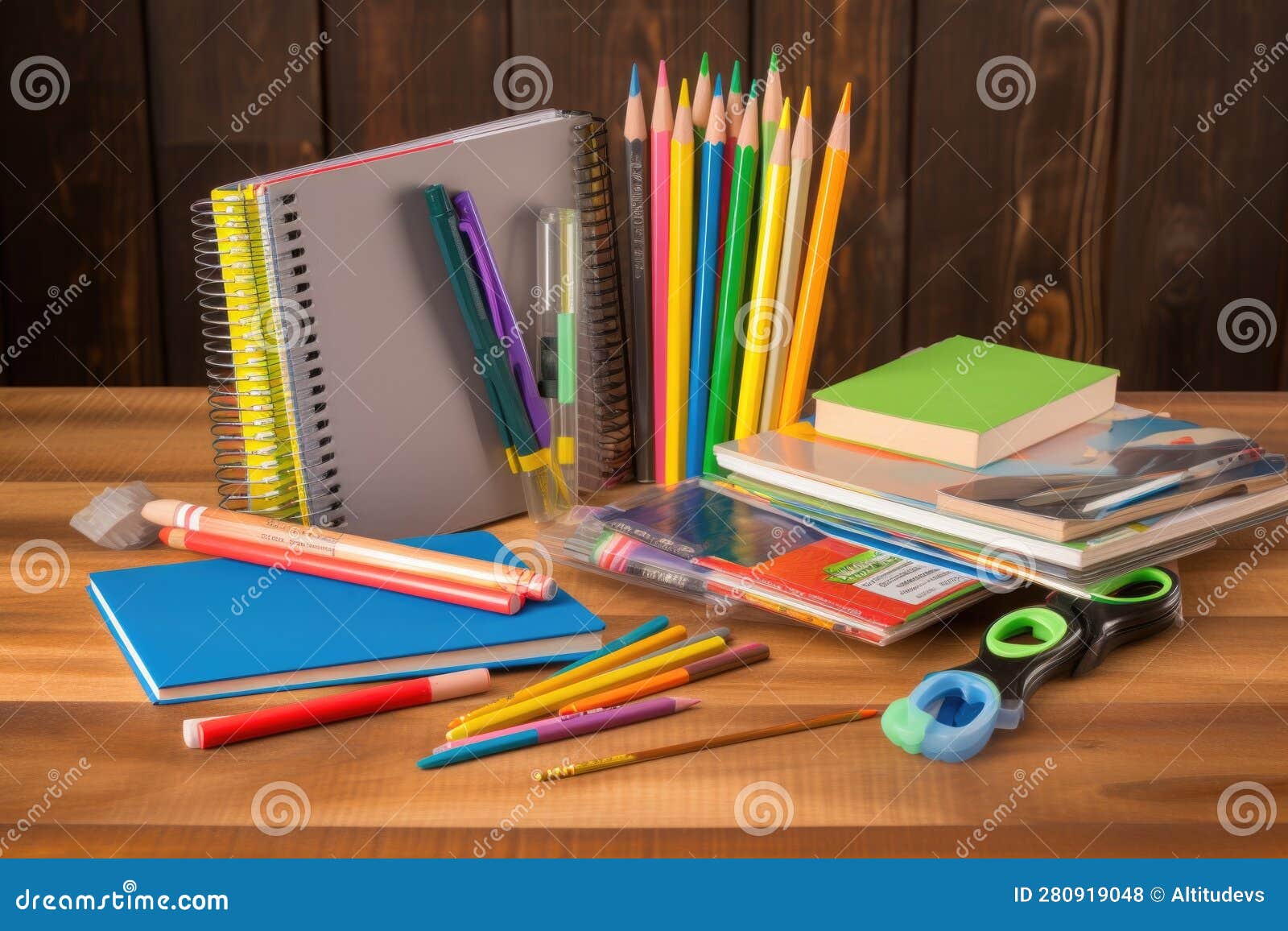 School Supplies, Including Different Types of Notebooks and Pens on a ...