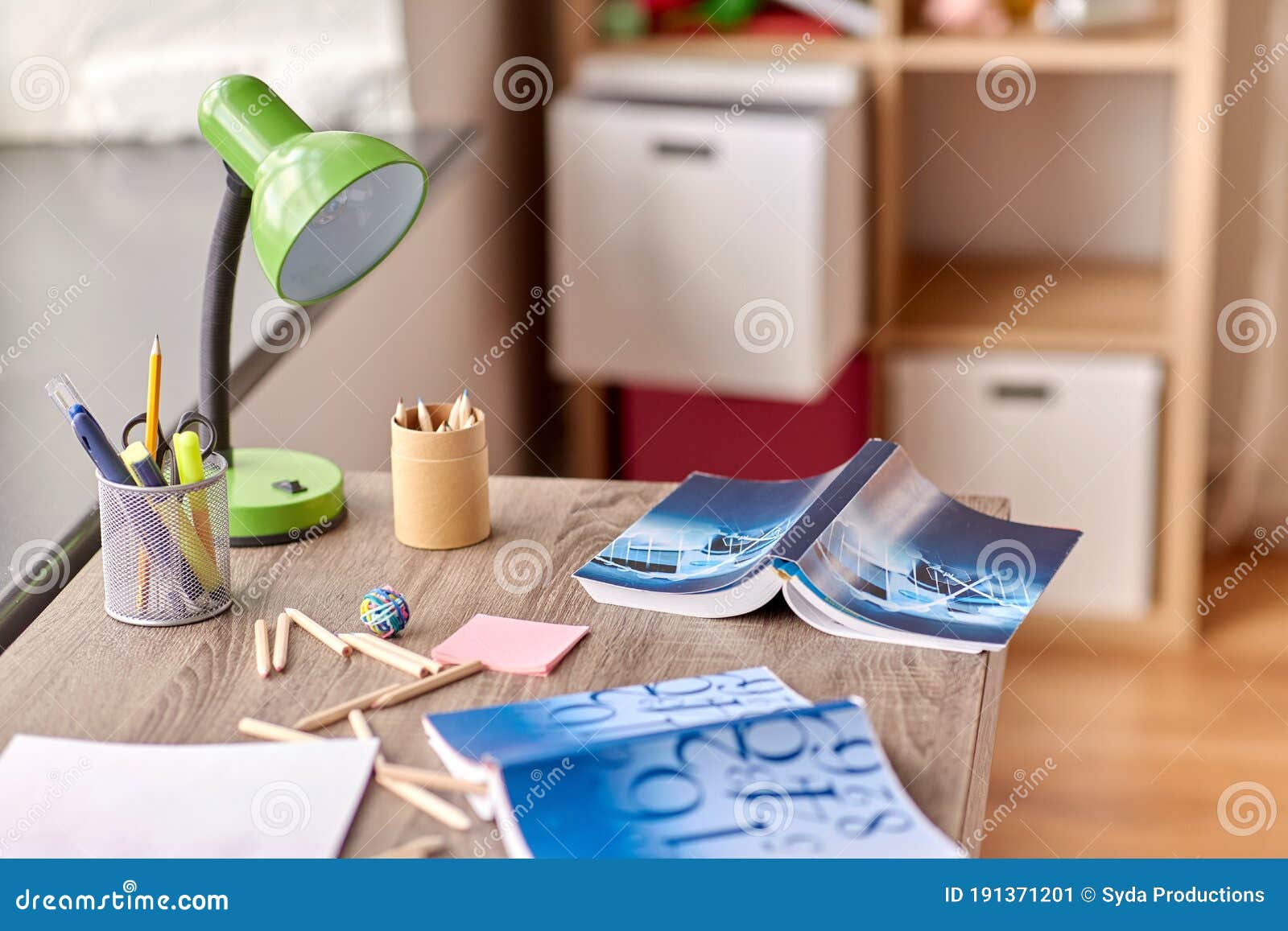 School Supplies Scattered on Table at Home Stock Image - Image of ...