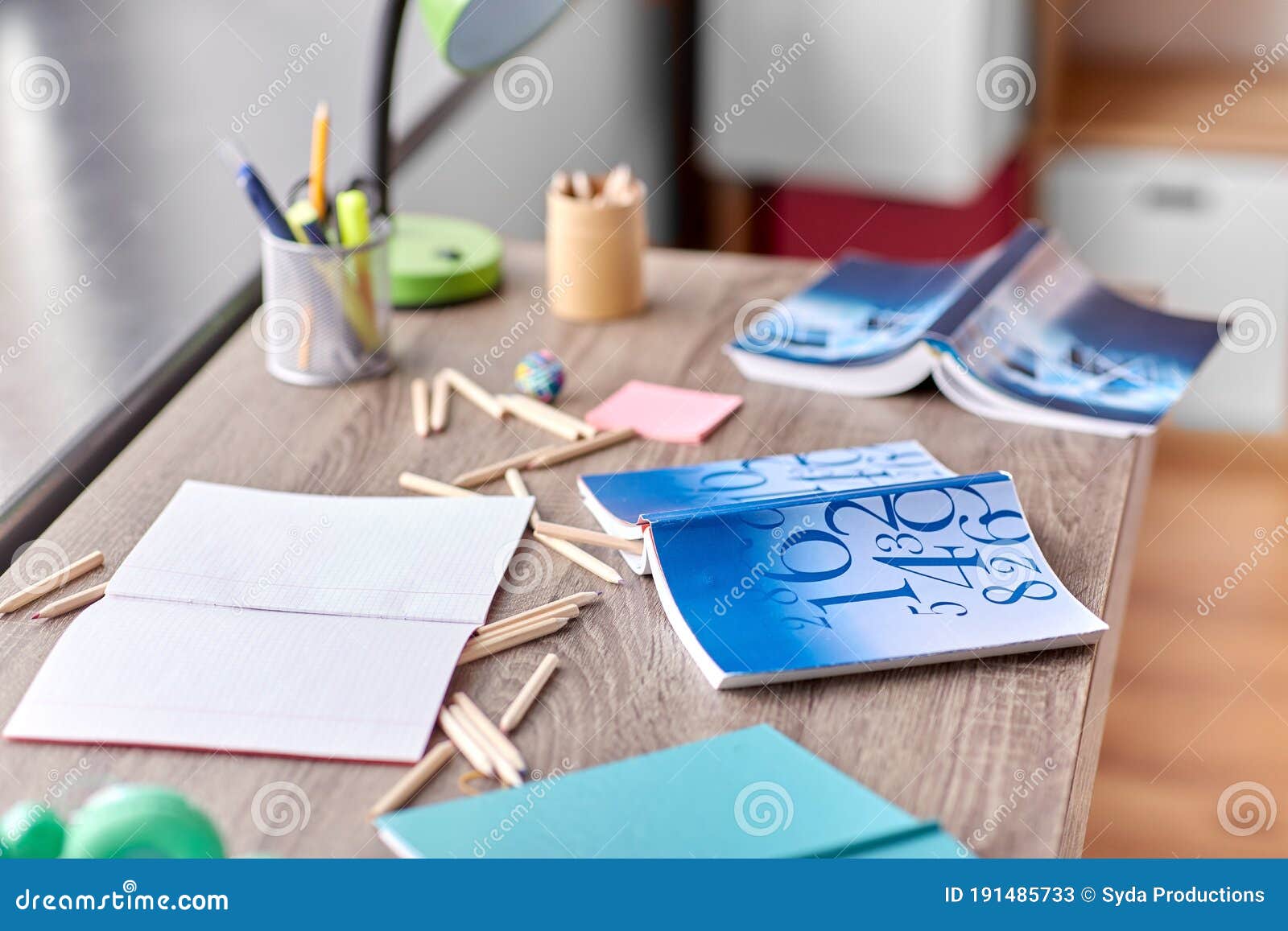 School Supplies Scattered on Table at Home Stock Image - Image of chaos ...