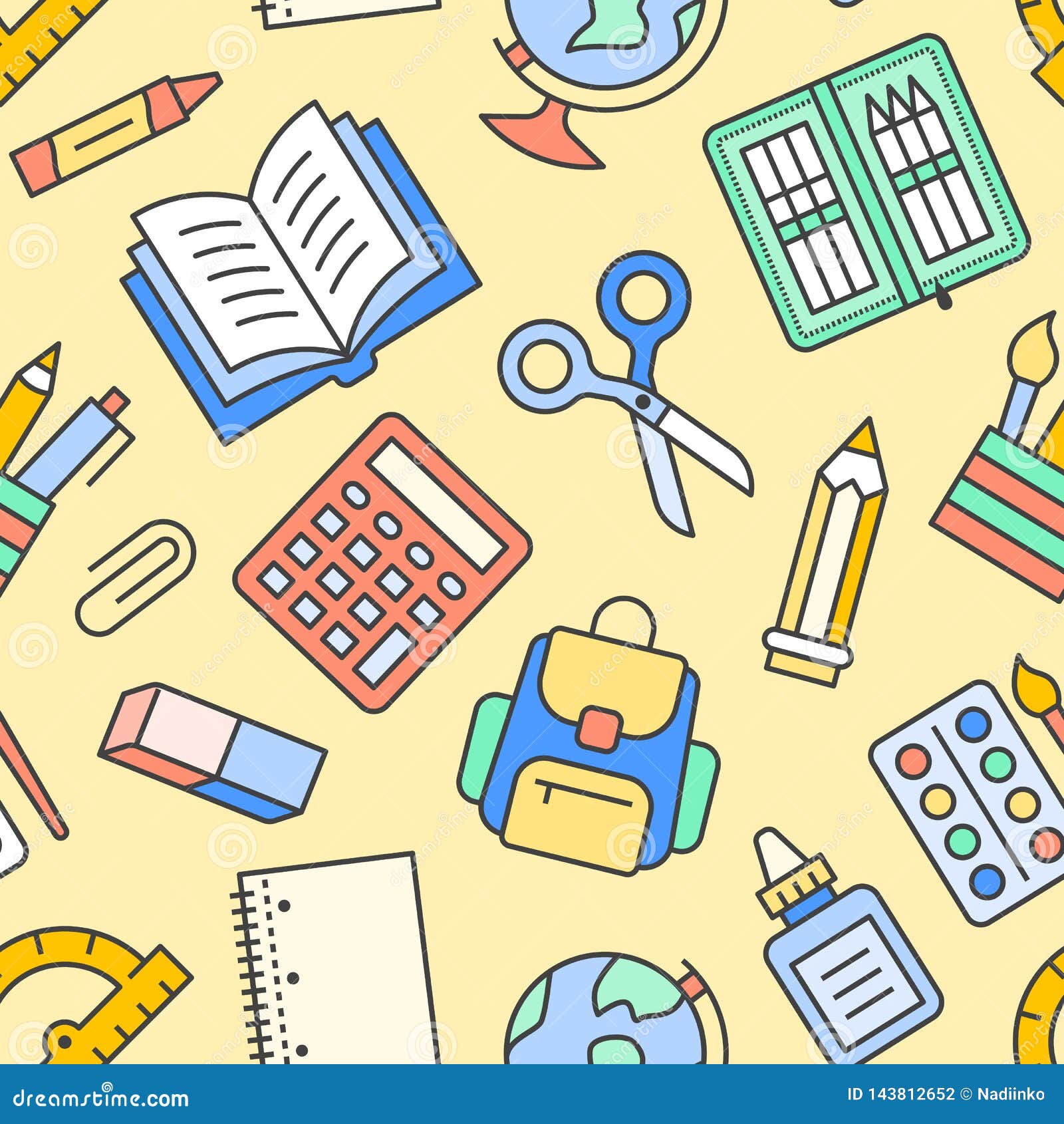 School Supplies Seamless Pattern with Line Icons. Study Tools ...